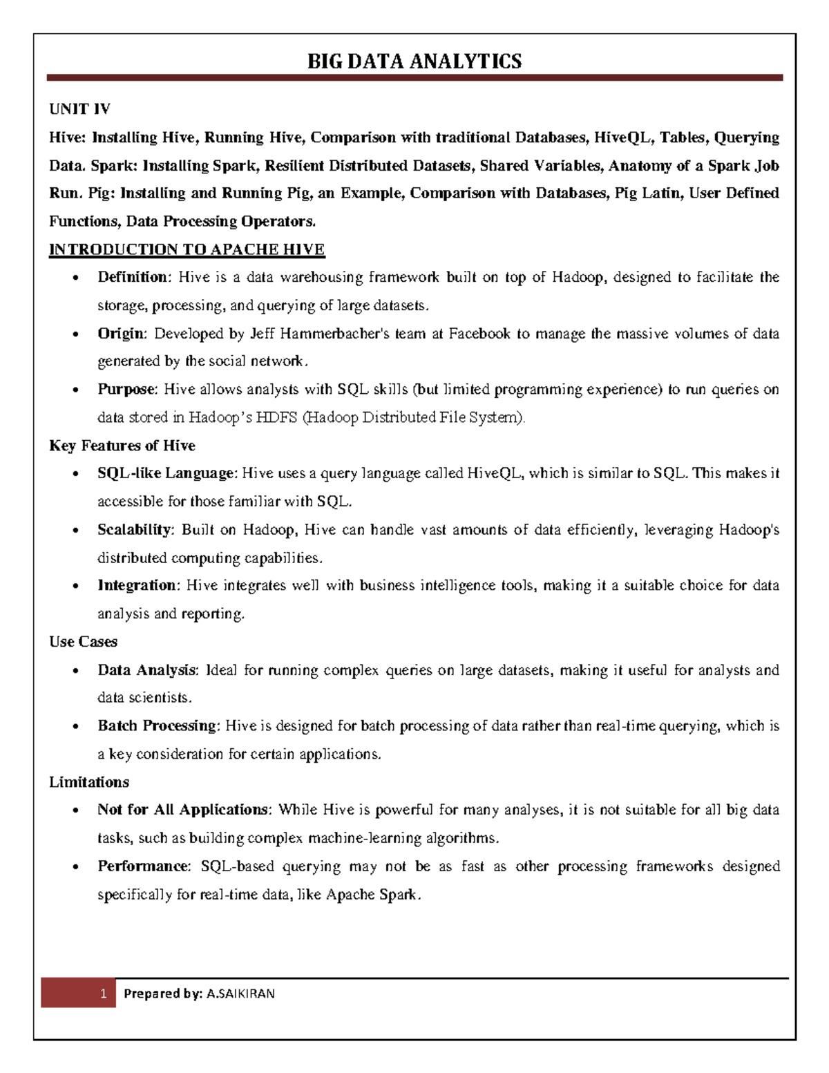 BDA UNIT-IV - Hive: Installing Hive, Running Hive, Comparison with ...