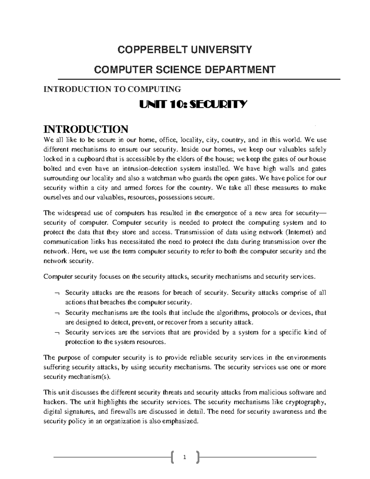introduction to computing cs 11o lecture notes unit 10 - COPPERBELT ...