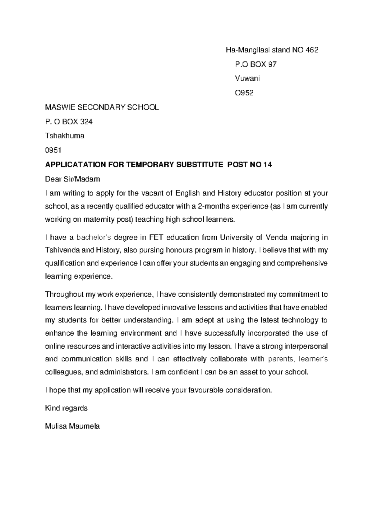 Maswie - Teaching applications letter - Ha-Mangilasi stand NO 462 P BOX ...