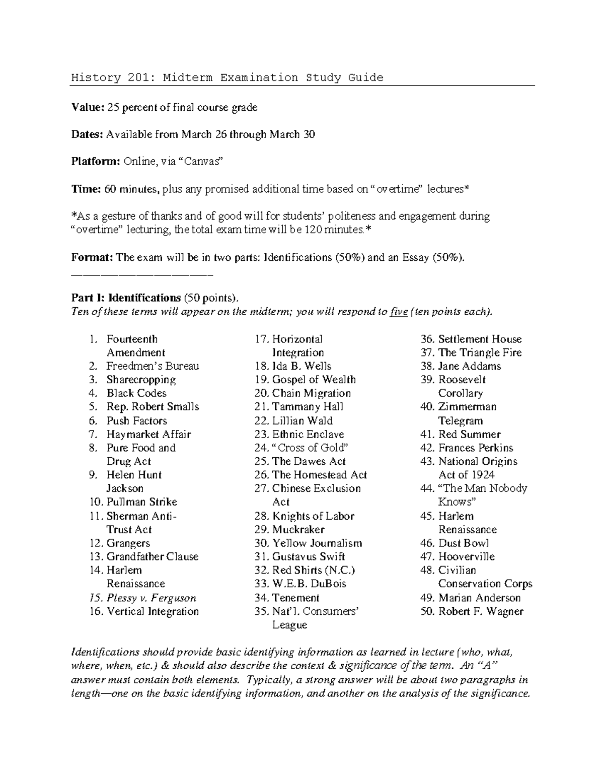 201 Midterm Study Guide Spring 2024 - History 201: Midterm Examination ...