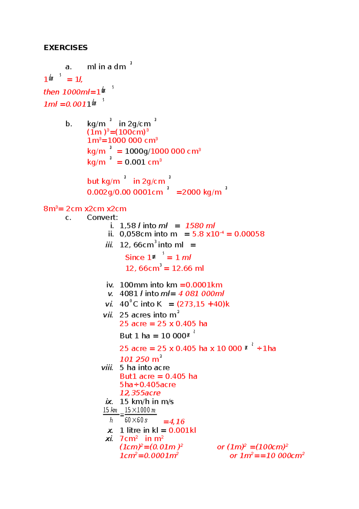 Solutions for ex 27 oct 2020 - EXERCISES a. ml in a dm 3 1 dm 3 = 1 l ...