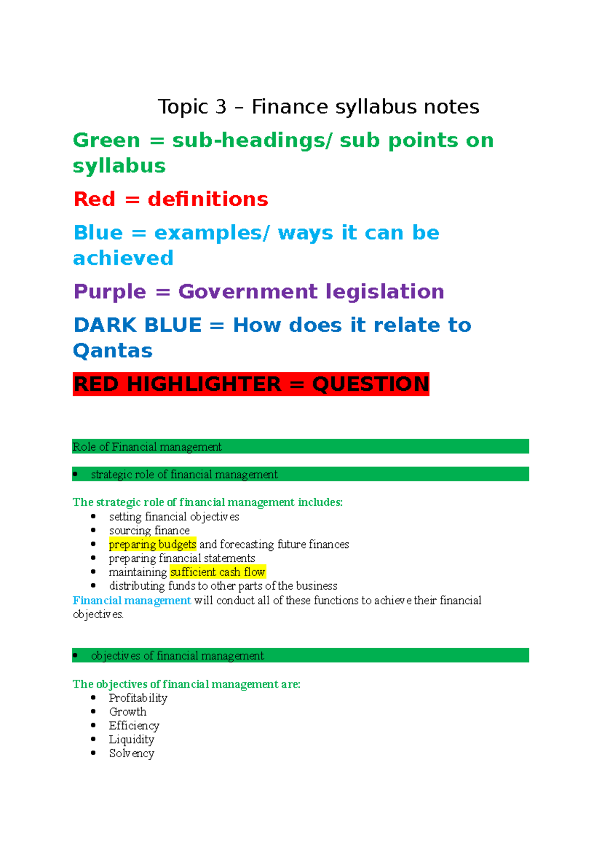 Topic 3 Finance Notes - Topic 3 – Finance syllabus notes Green = sub ...