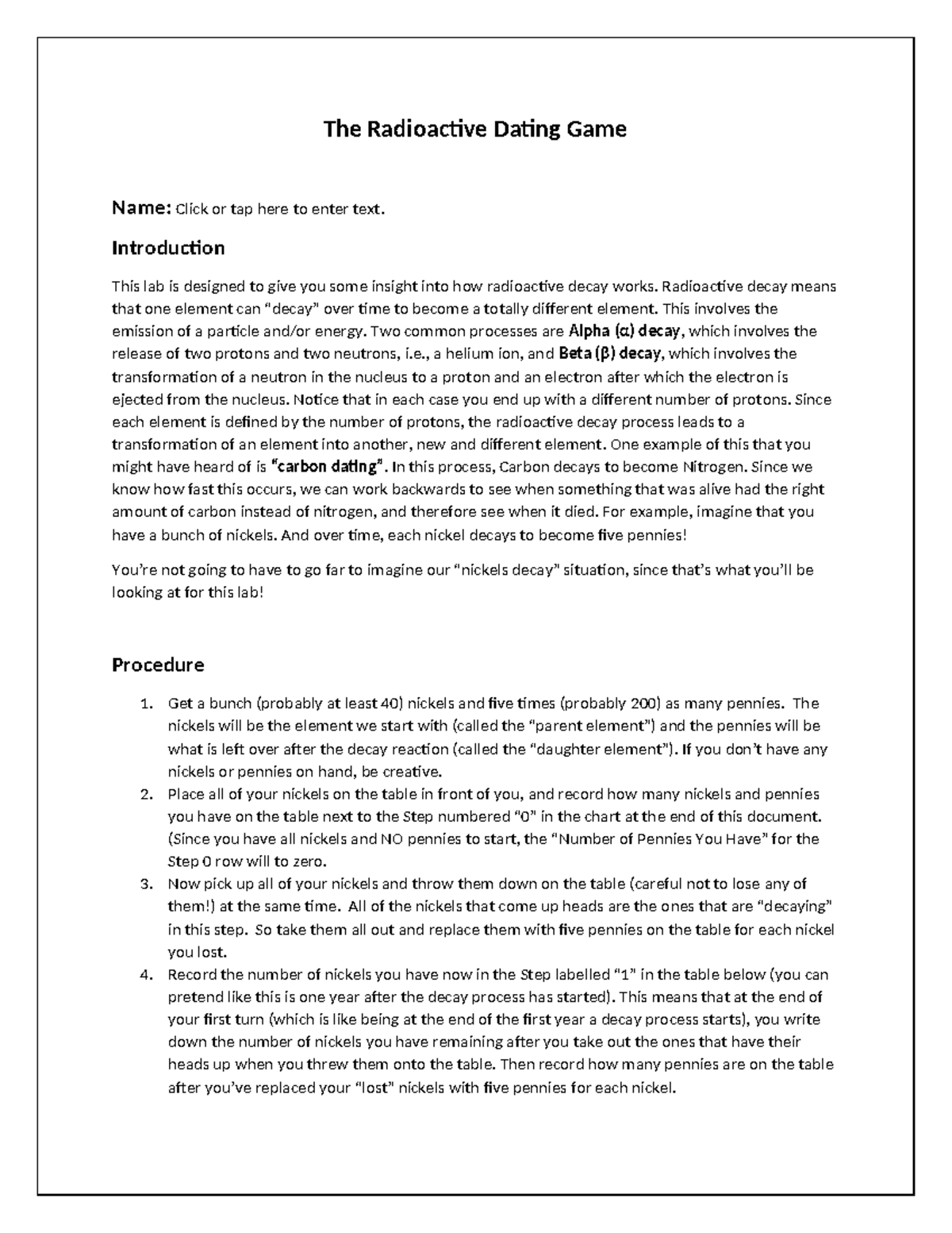 Radioactive Decay Lab: The Radioactive Dating Game (Lab 1) - The ...