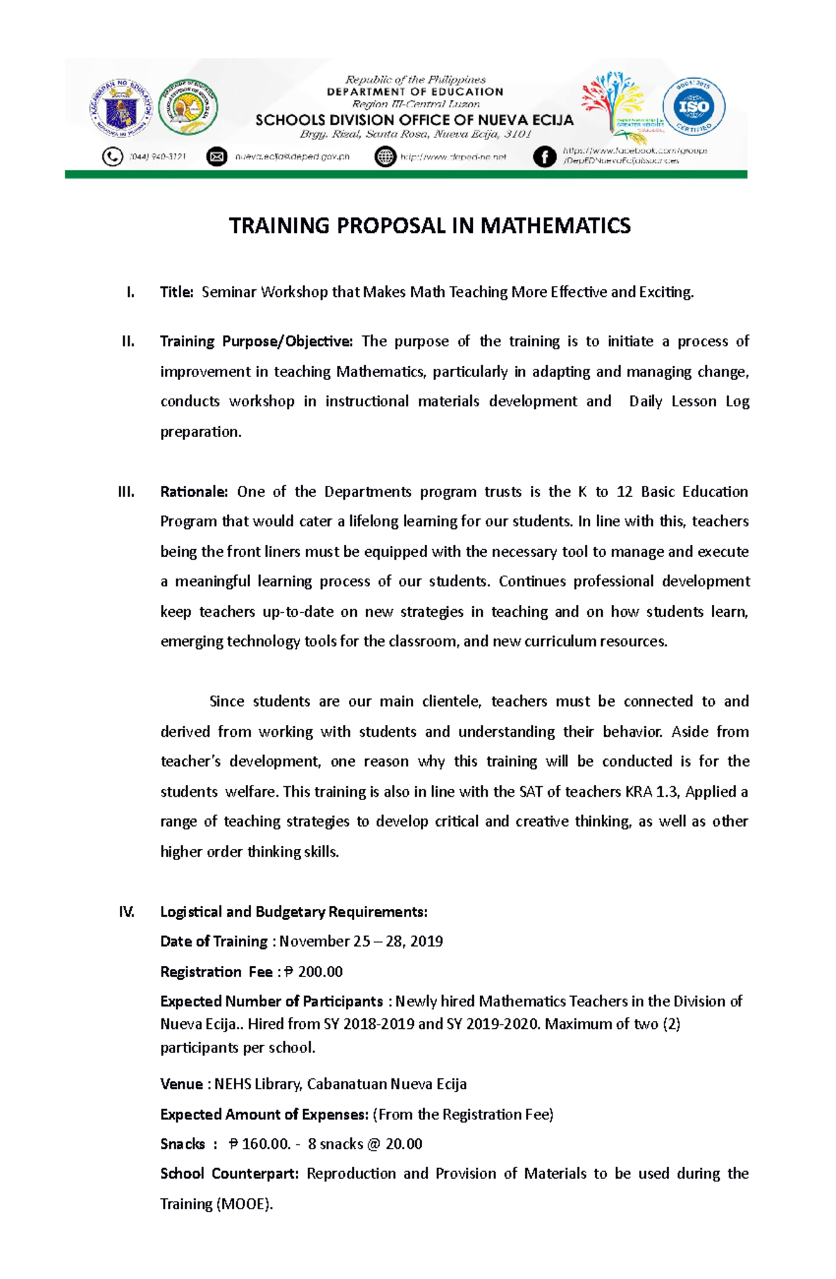 Training Proposal IN MATH - TRAINING PROPOSAL IN MATHEMATICS I. Title: Seminar Workshop that ...
