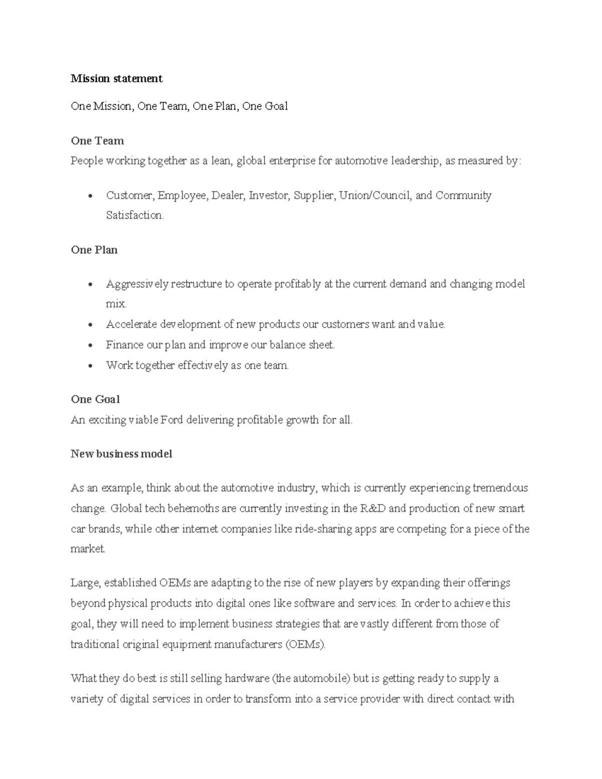 607046640 Car Company Report - Mission statement One Mission, One Team ...