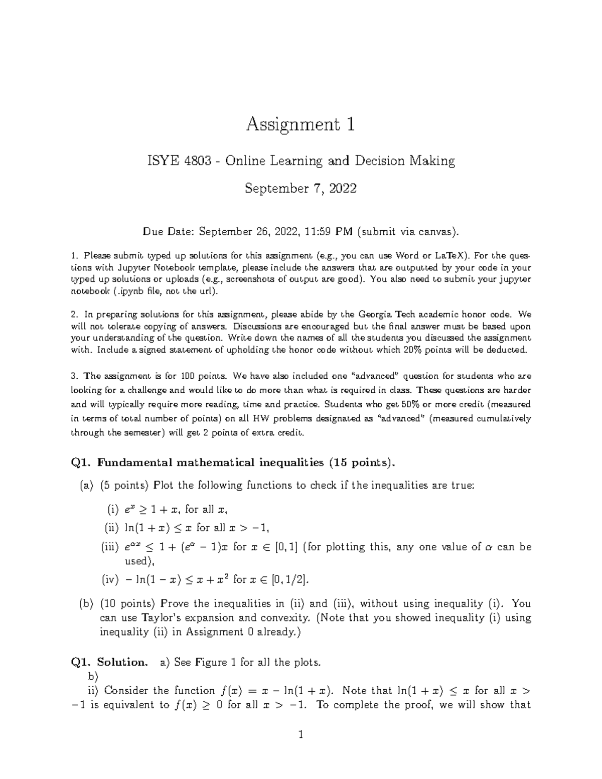 Assignment 1 solutions - Assignment 1 ISYE 4803 - Online Learning and Decision Making September ...