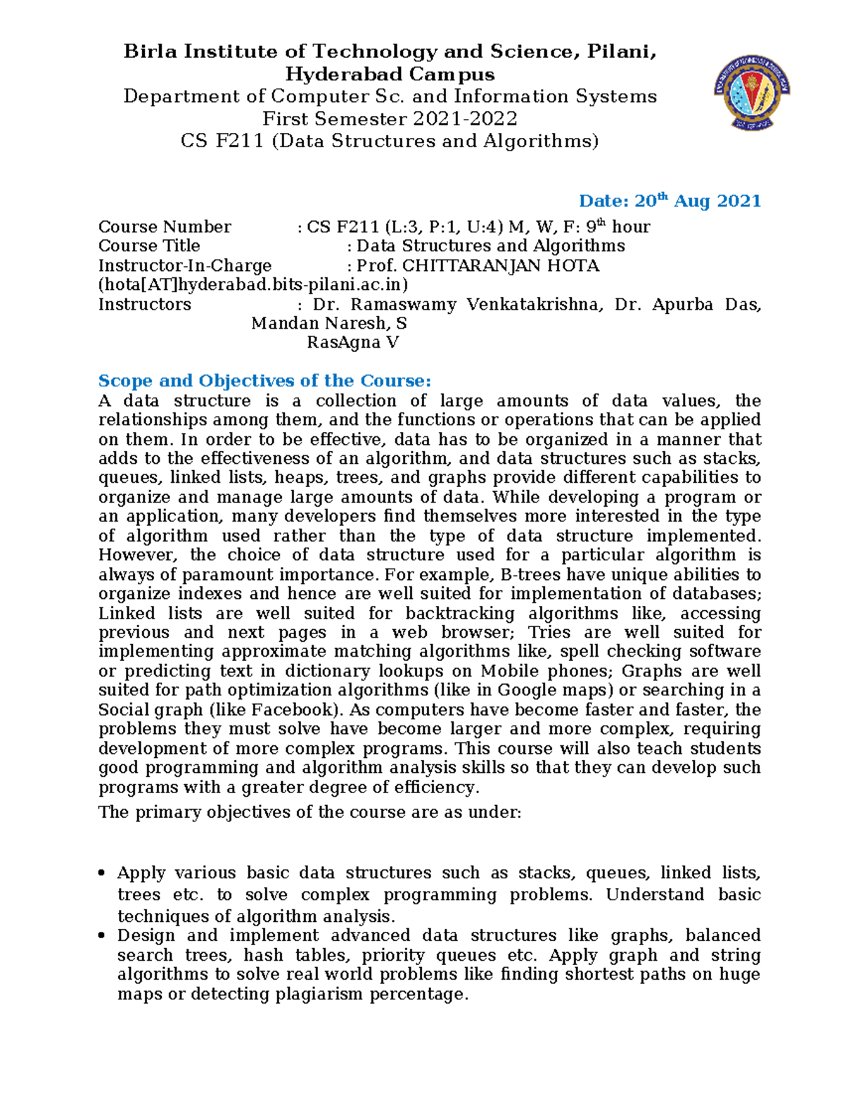 CS F211 DATA Structures ALGO Handout - Birla Institute of Technology and Science, Pilani ...