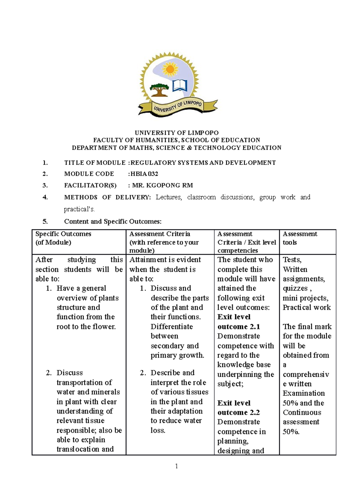 HBIA 032 Course Outline 2019 - UNIVERSITY OF LIMPOPO FACULTY OF ...