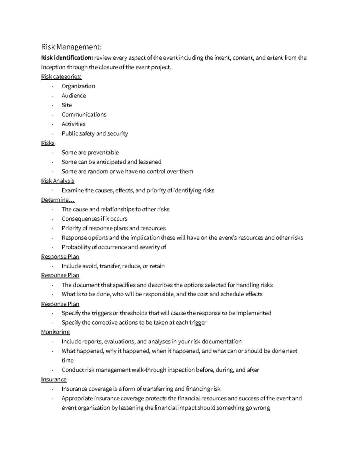 Risk Management - In class notes - Risk Management: Risk identification ...