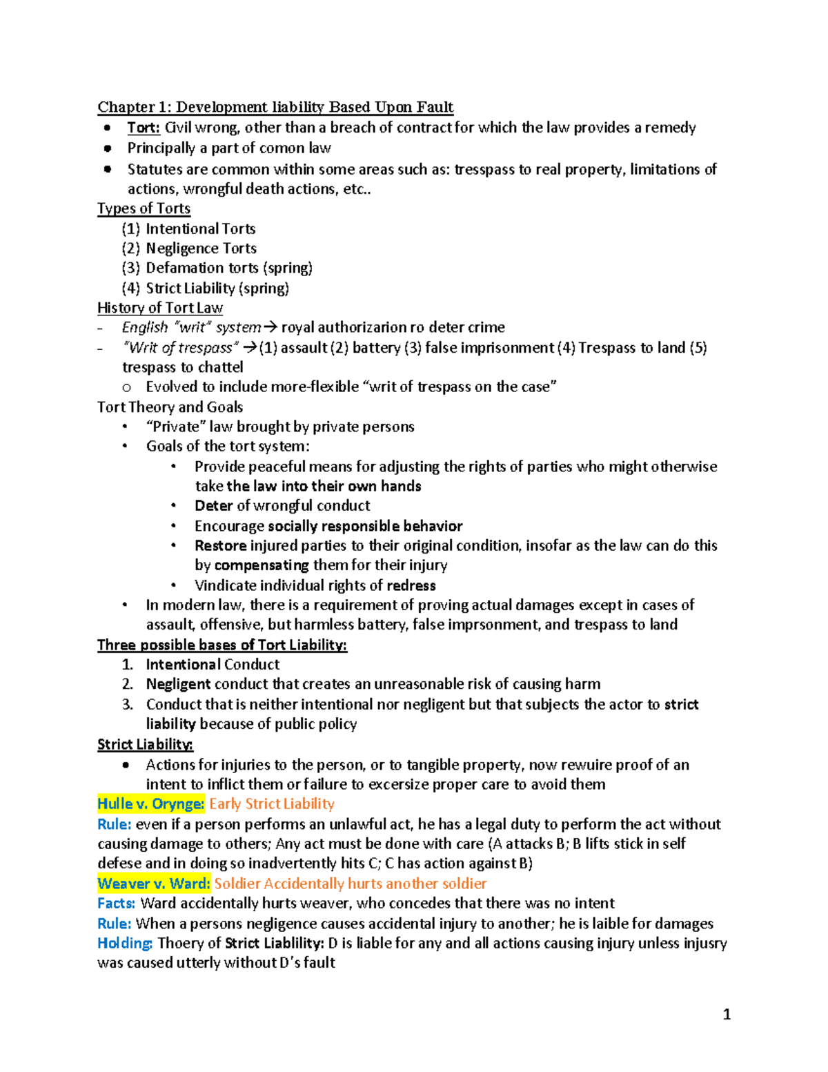 Torts outline - Chapter 1: Development liability Based Upon Fault Tort ...