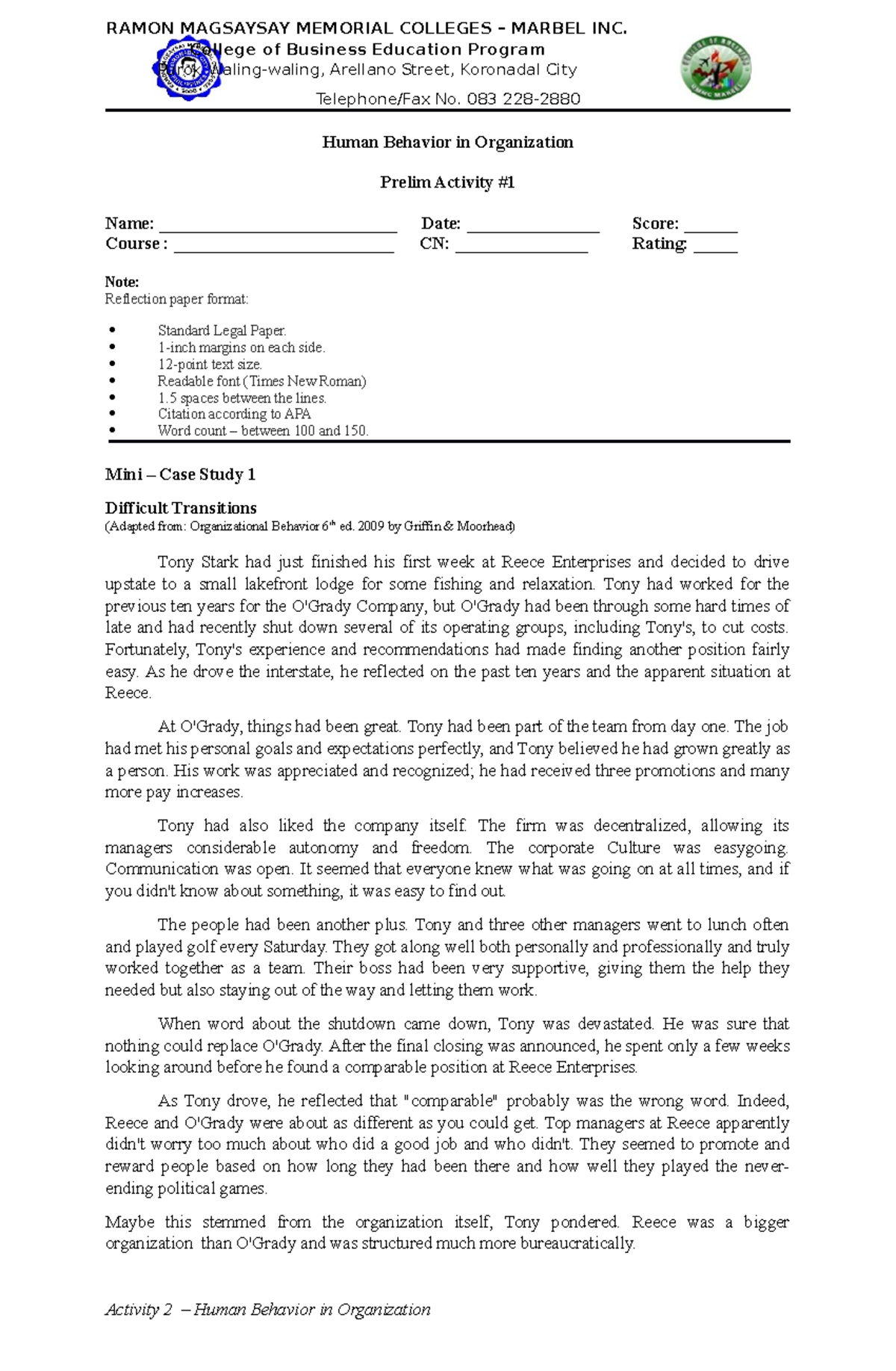 Activity 2 MINI CASE Study HBO - Telephone/Fax No. 083 228- Human ...