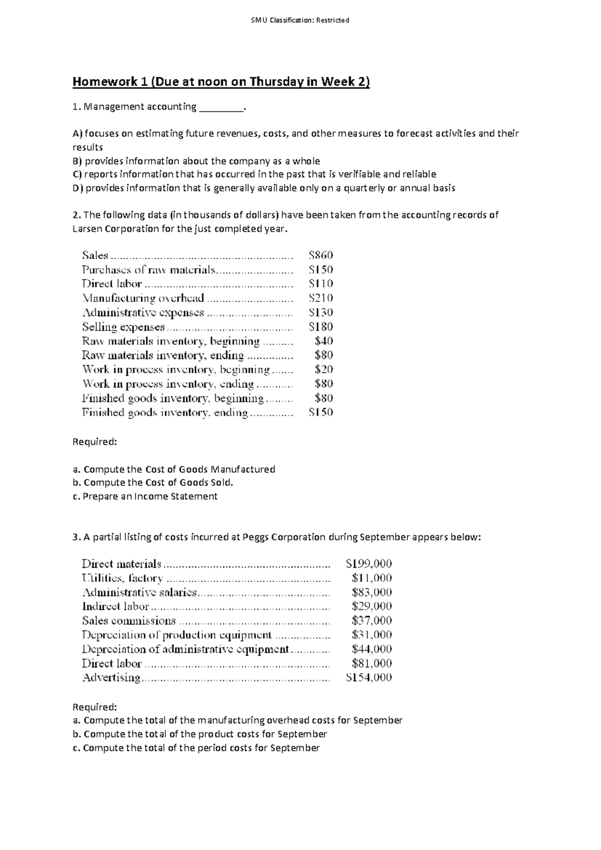 HW1 - Homeowrk 1 - SMU Classification: Restricted Homework 1 (Due at ...