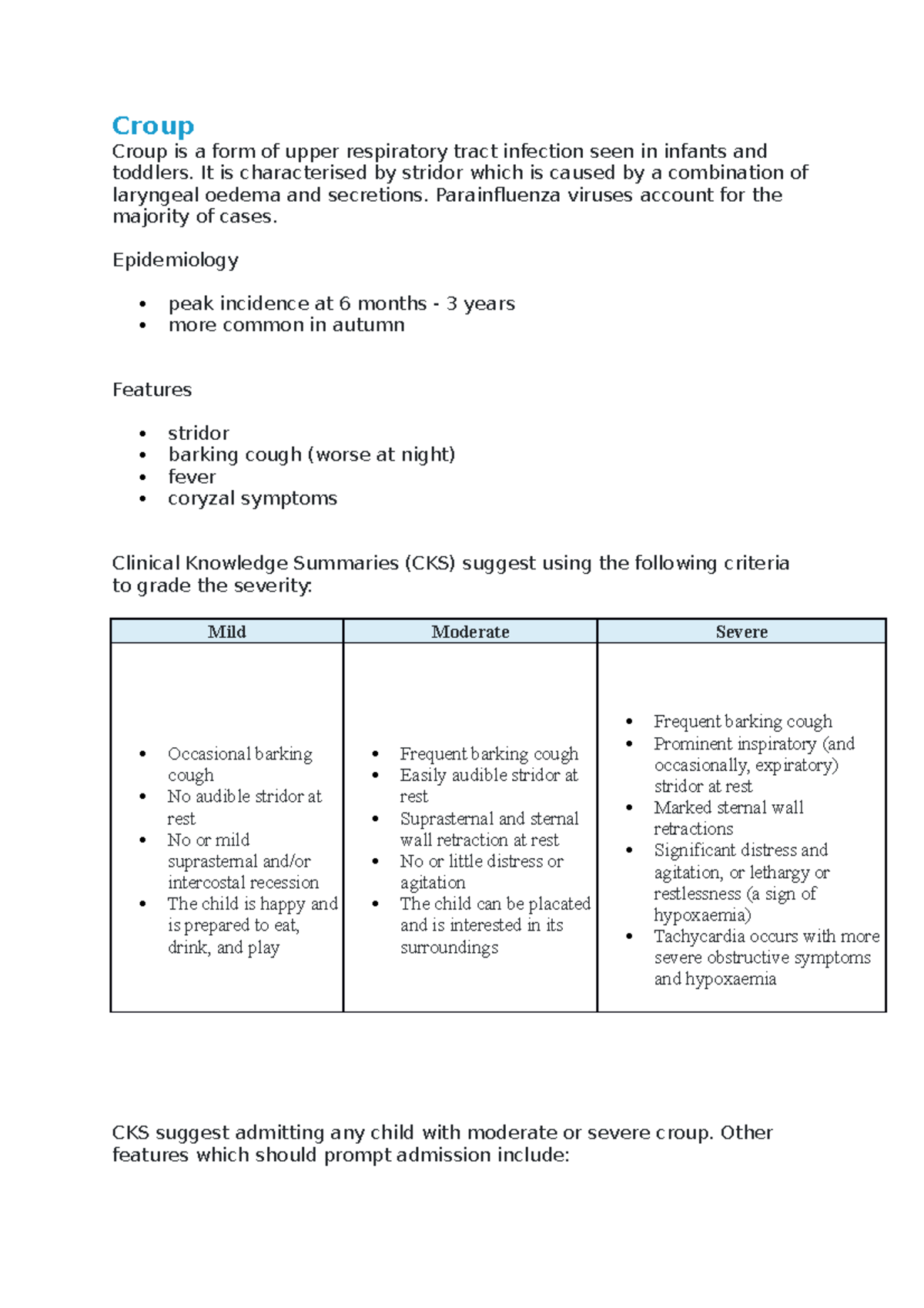 Paeds notes - Croup Croup is a form of upper respiratory tract ...