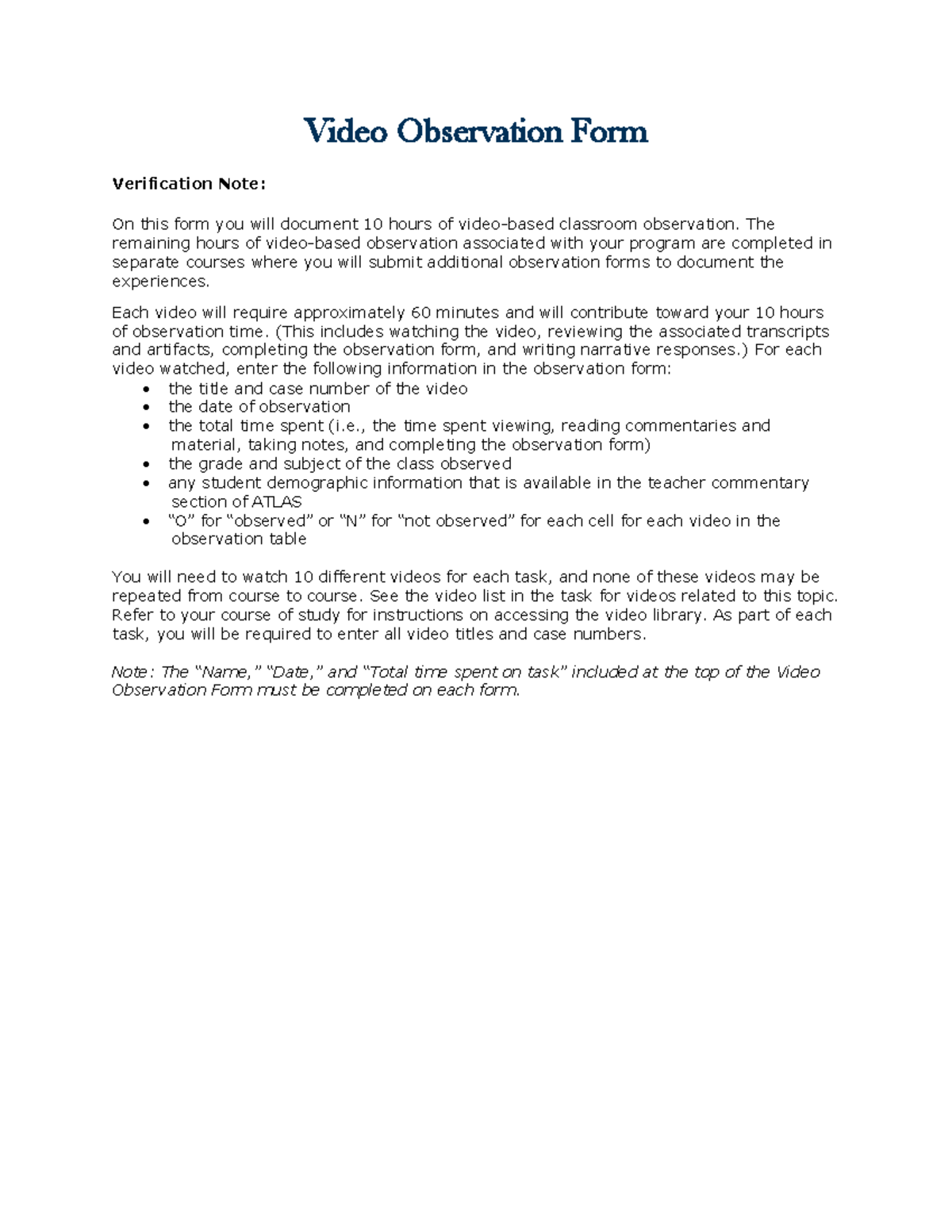 Video Observation Form - Video Observation Form Verification Note: On ...
