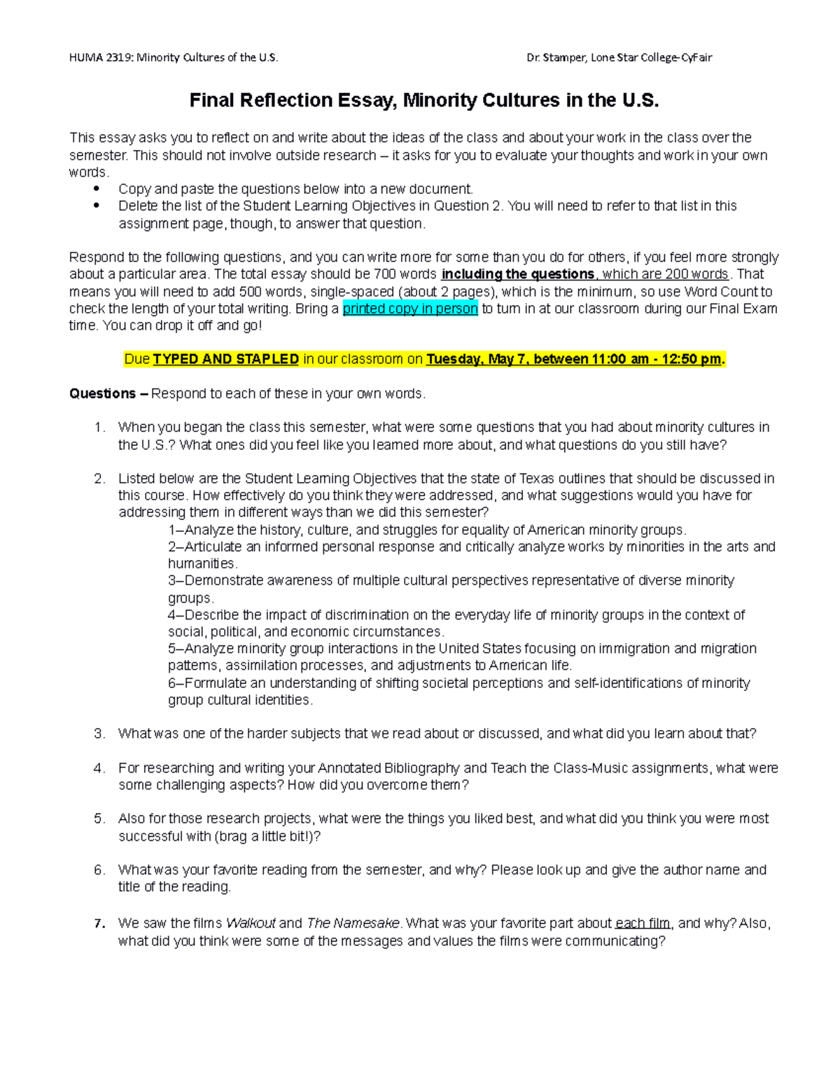 Final Reflection Essay Minority Cultures US 19Sp - HUMA 2319: Minority ...