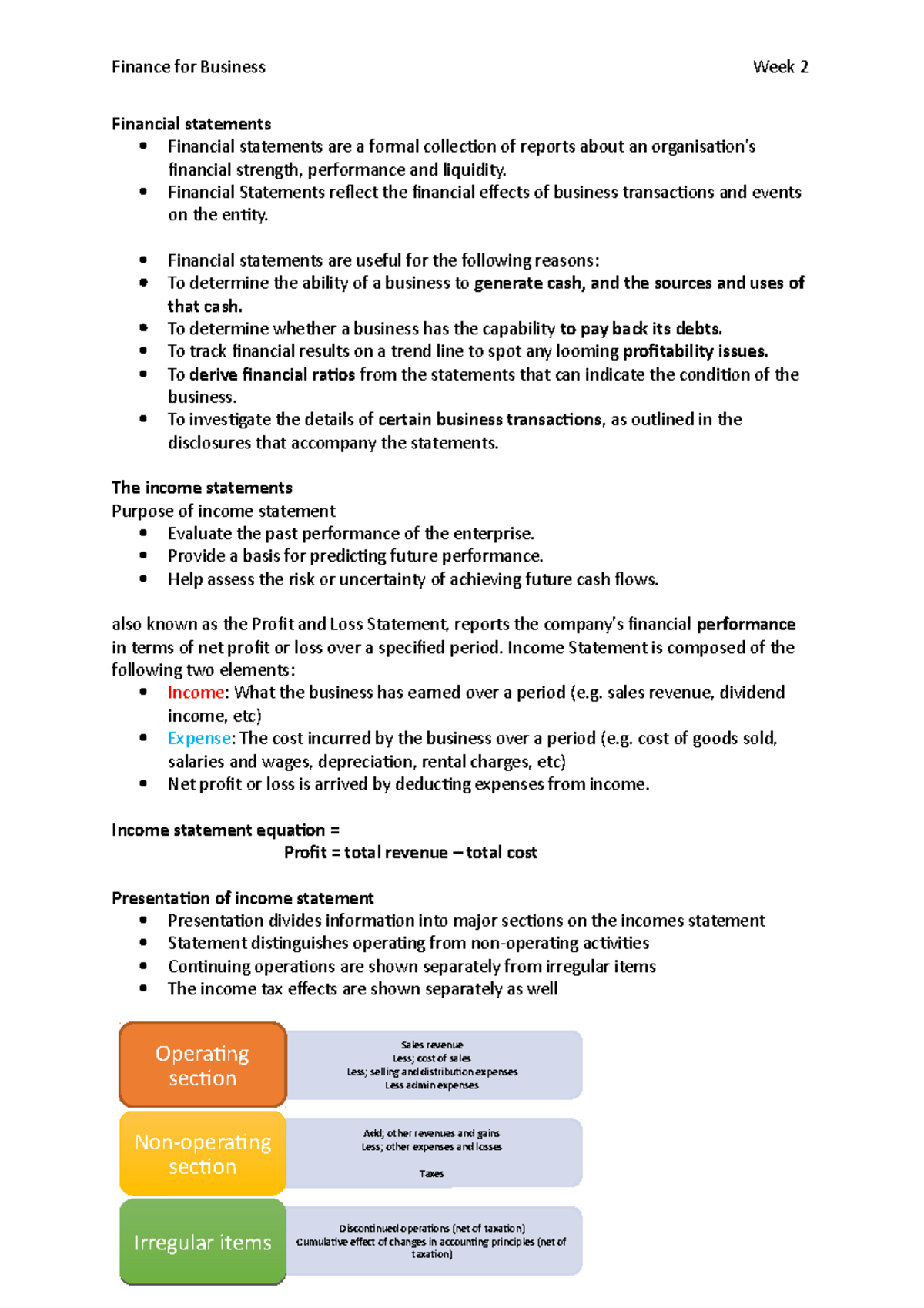 Financial statements - Lecture notes 1-2 - Finance for Business Week 2 ...
