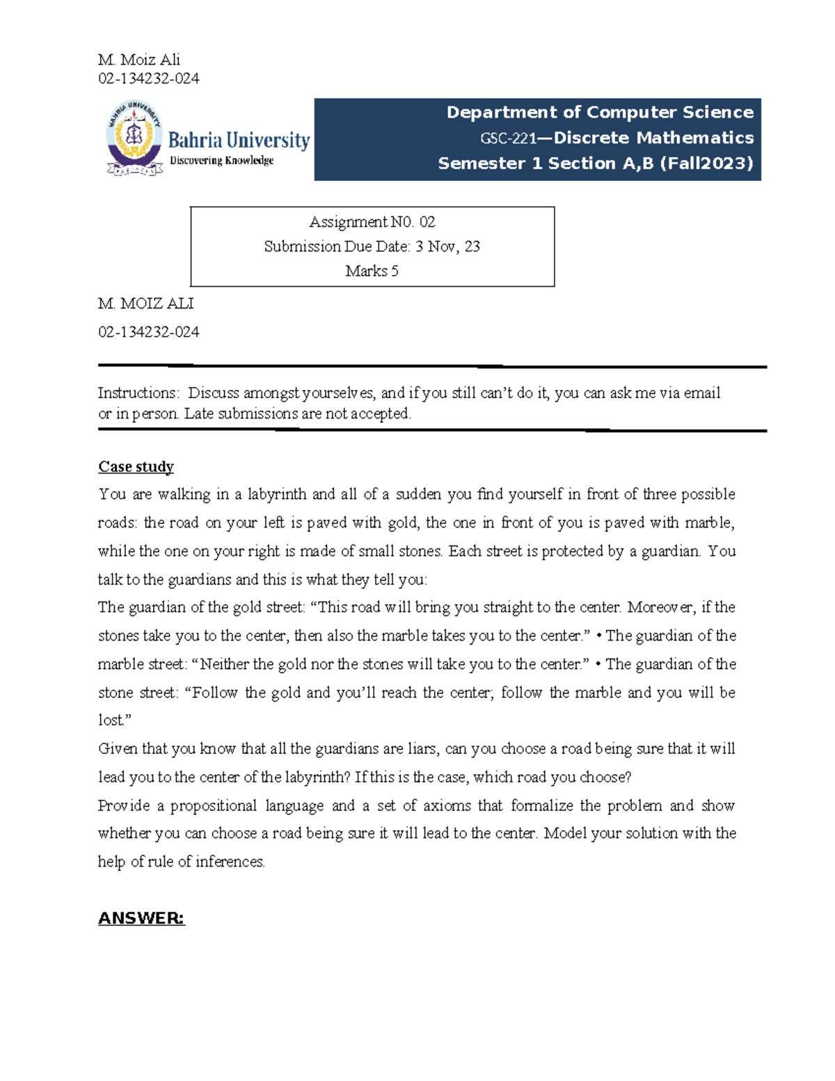 DM assignemnt 2 - Discrete Mathematics Assignment no 2 - 02-134232- Department of Computer ...