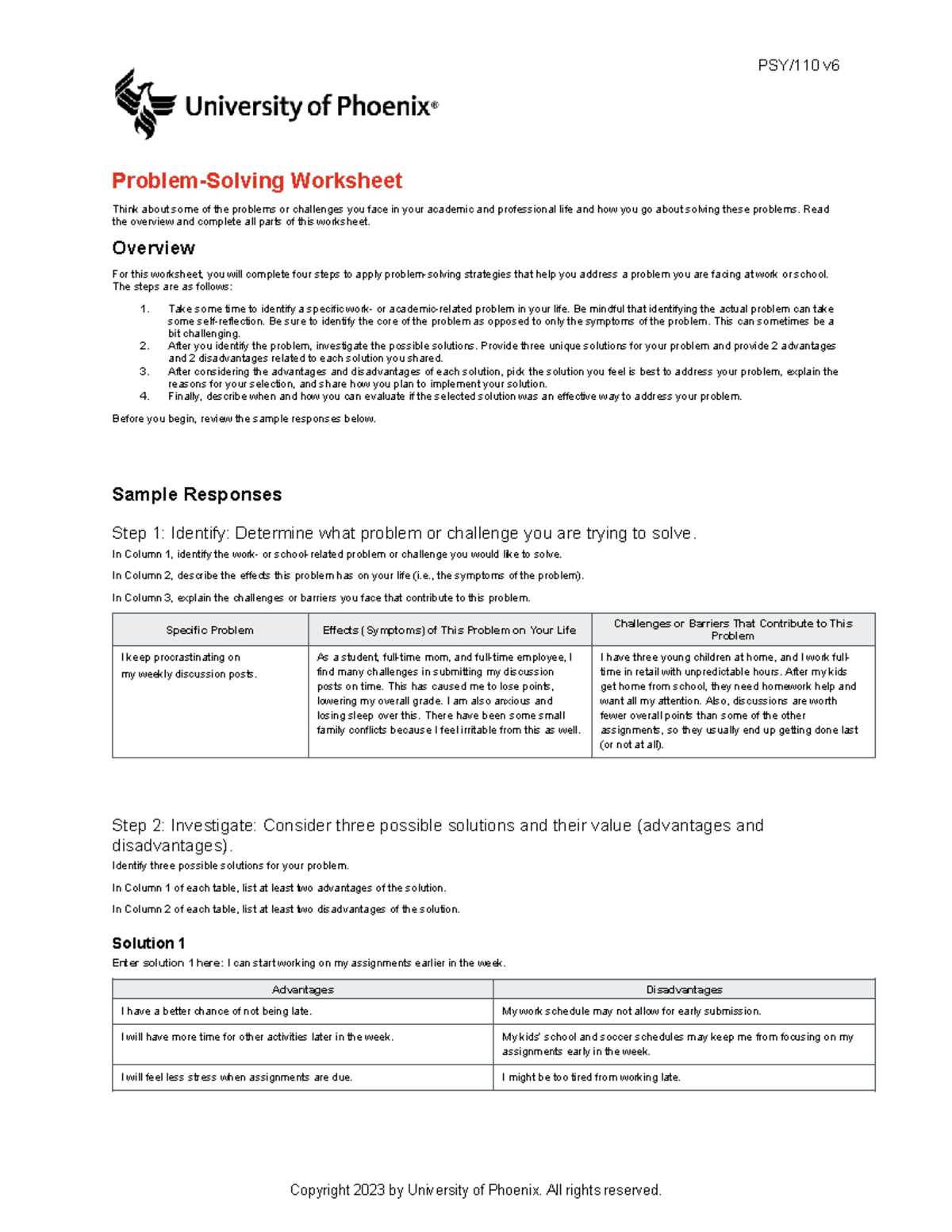 Psy110 v6 wk4 assesment final - PSY/110 v Problem-Solving Worksheet ...