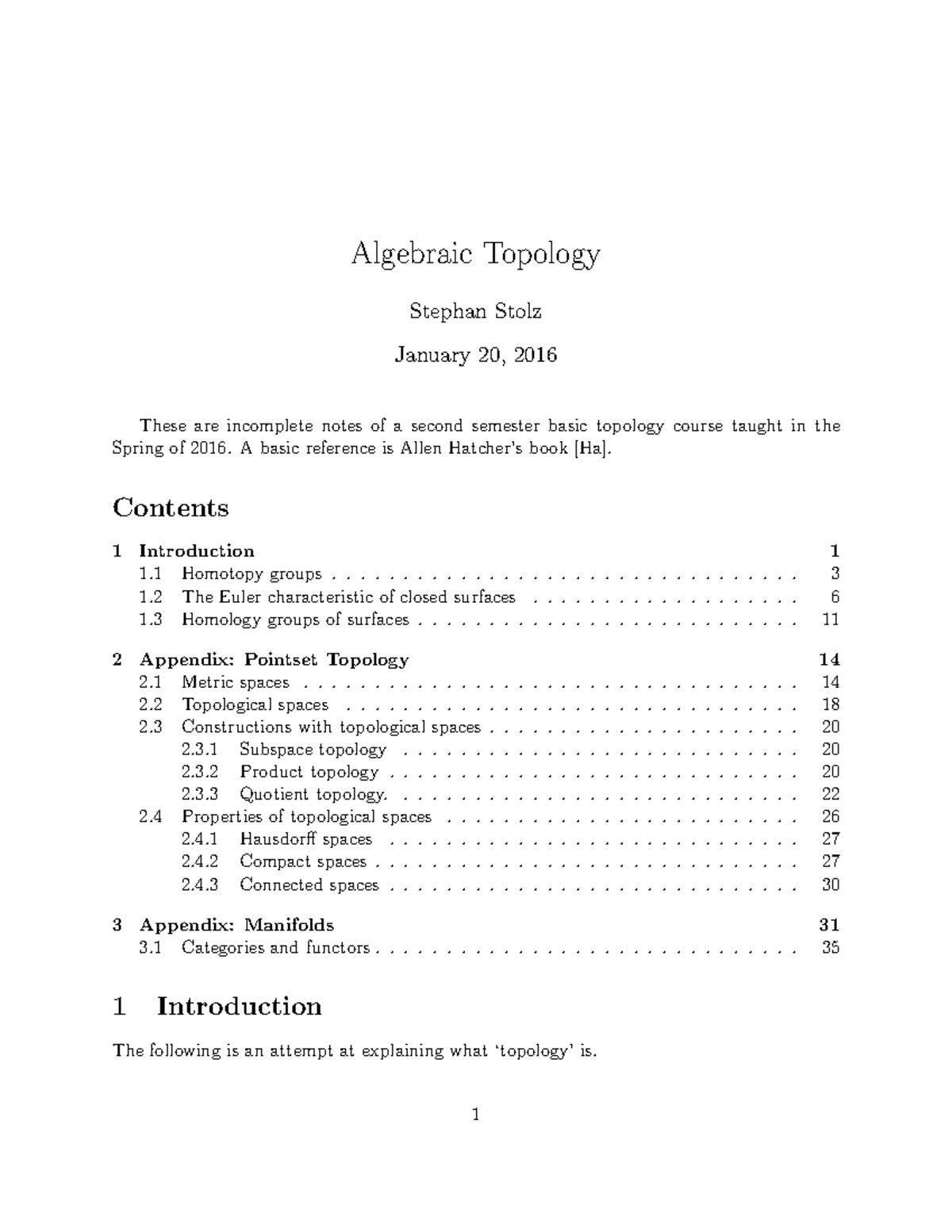 Alg Top 2016 Lecture Notes All Algebraic Topology Stephan Stolz January 20 2016 These Are