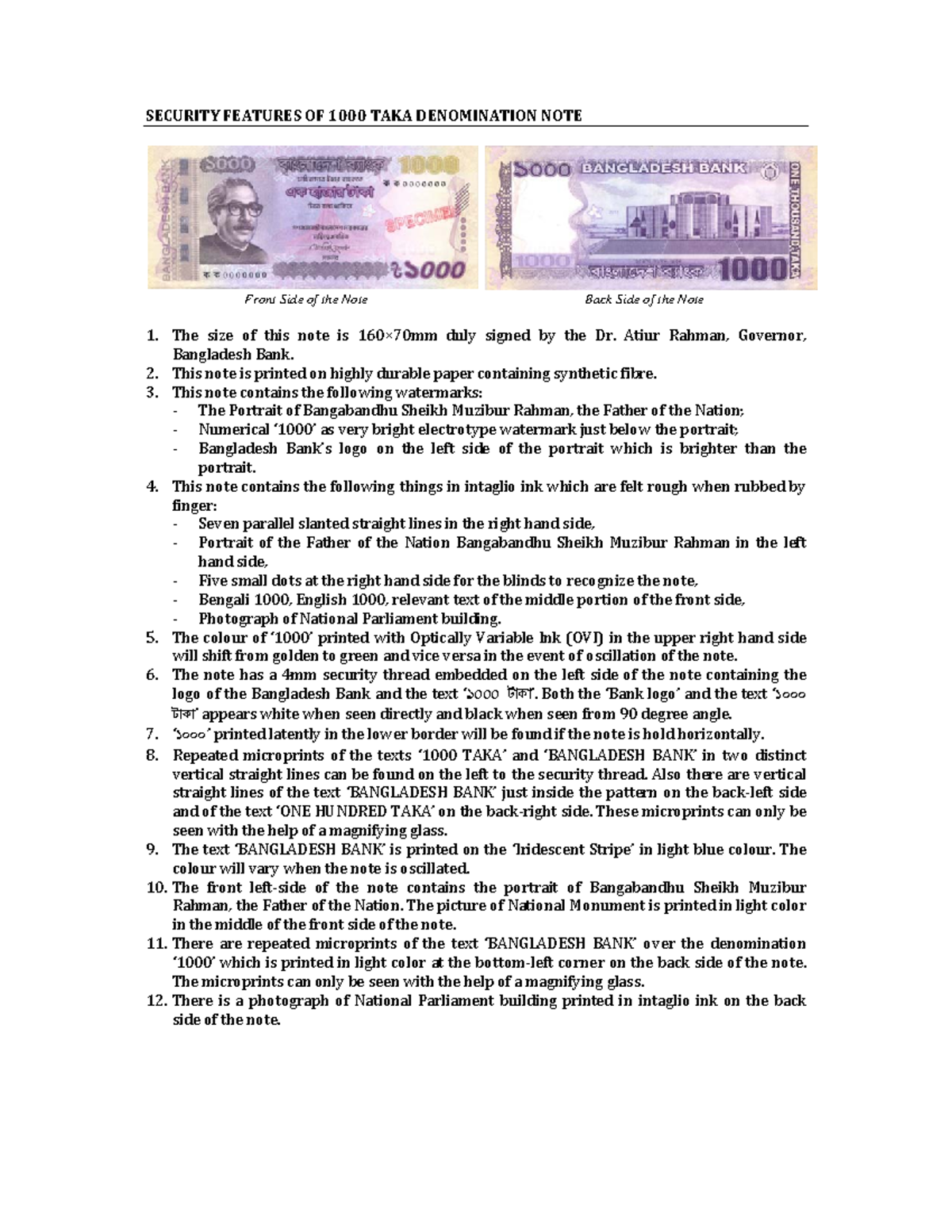 Security Features of 1000 Taka Note English - SECURITY FEATURES OF 1000 ...
