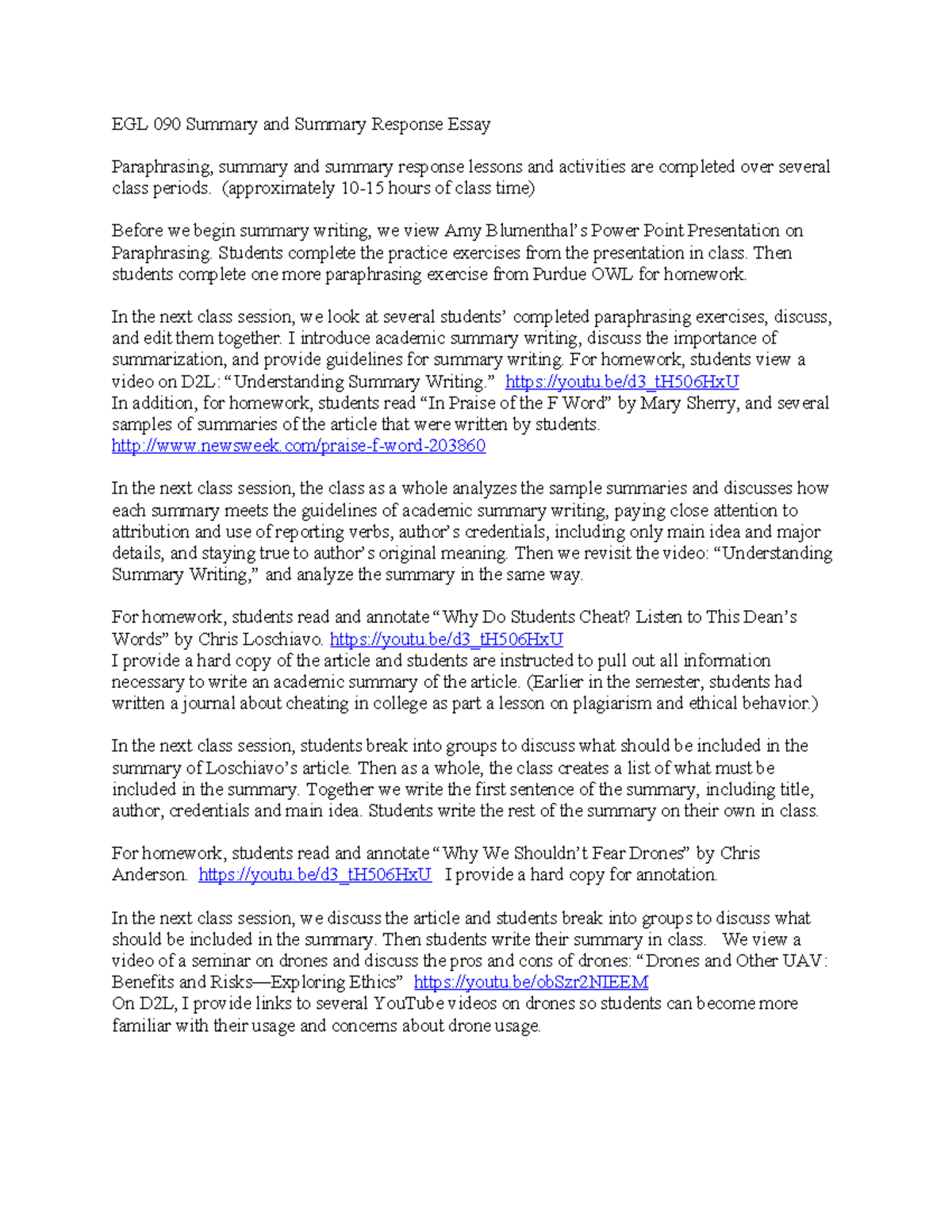 Summary Response Essay Assignment - EGL 090 Summary and Summary ...