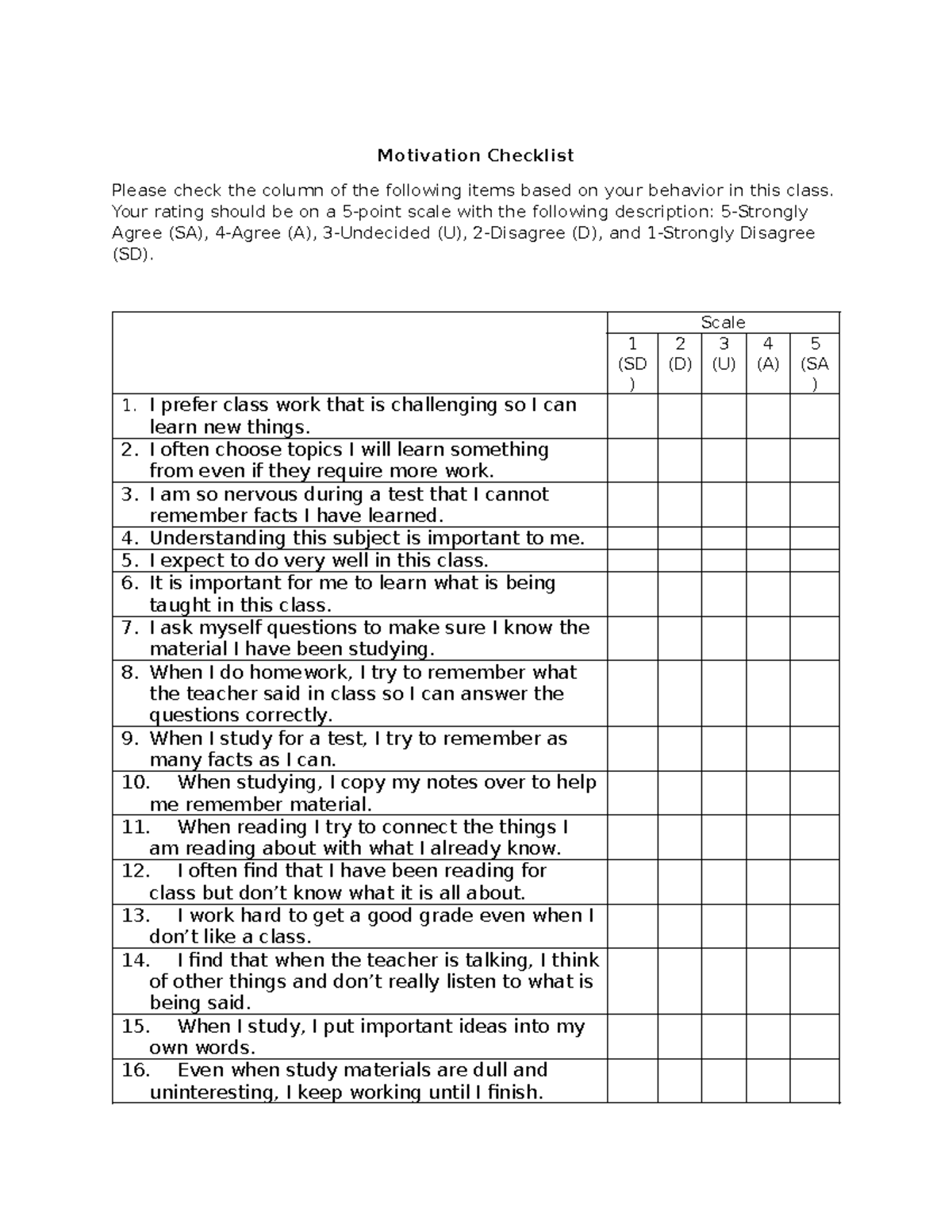 Motivation Checklist - for students - Motivation Checklist Please check ...