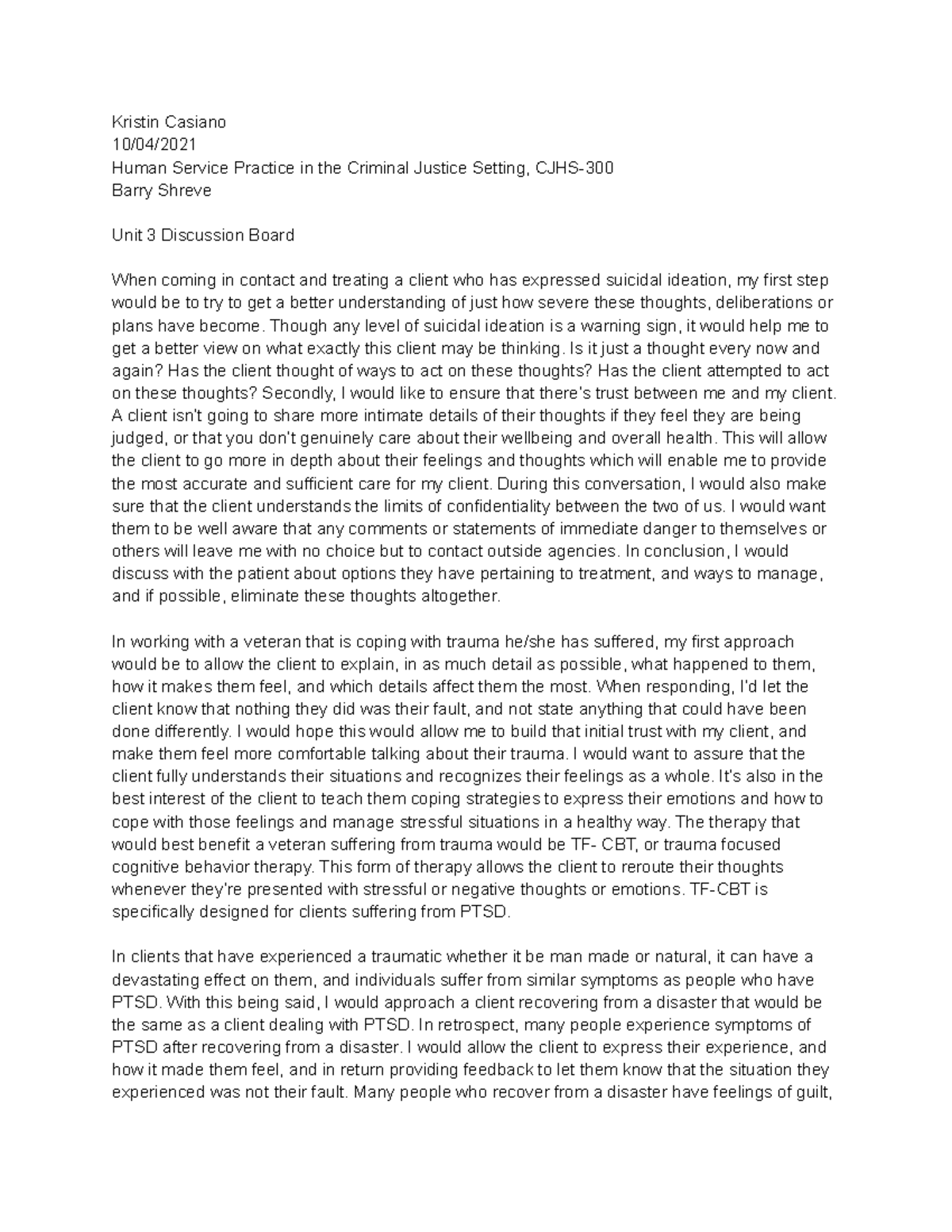 CJHS-300 UNIT 3 DB - Unit 3 Discussion Board for CJHS-300; Human ...