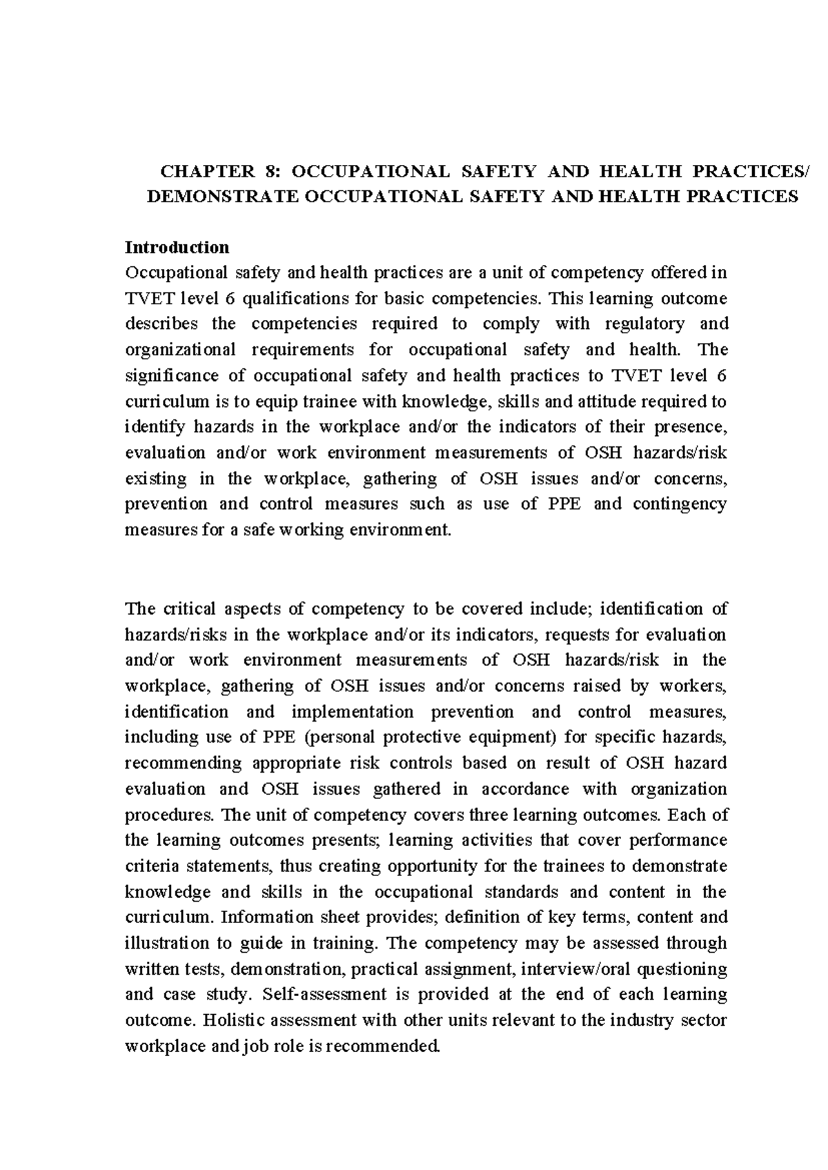 OSHA Notes - CHAPTER 8: OCCUPATIONAL SAFETY AND HEALTH PRACTICES ...