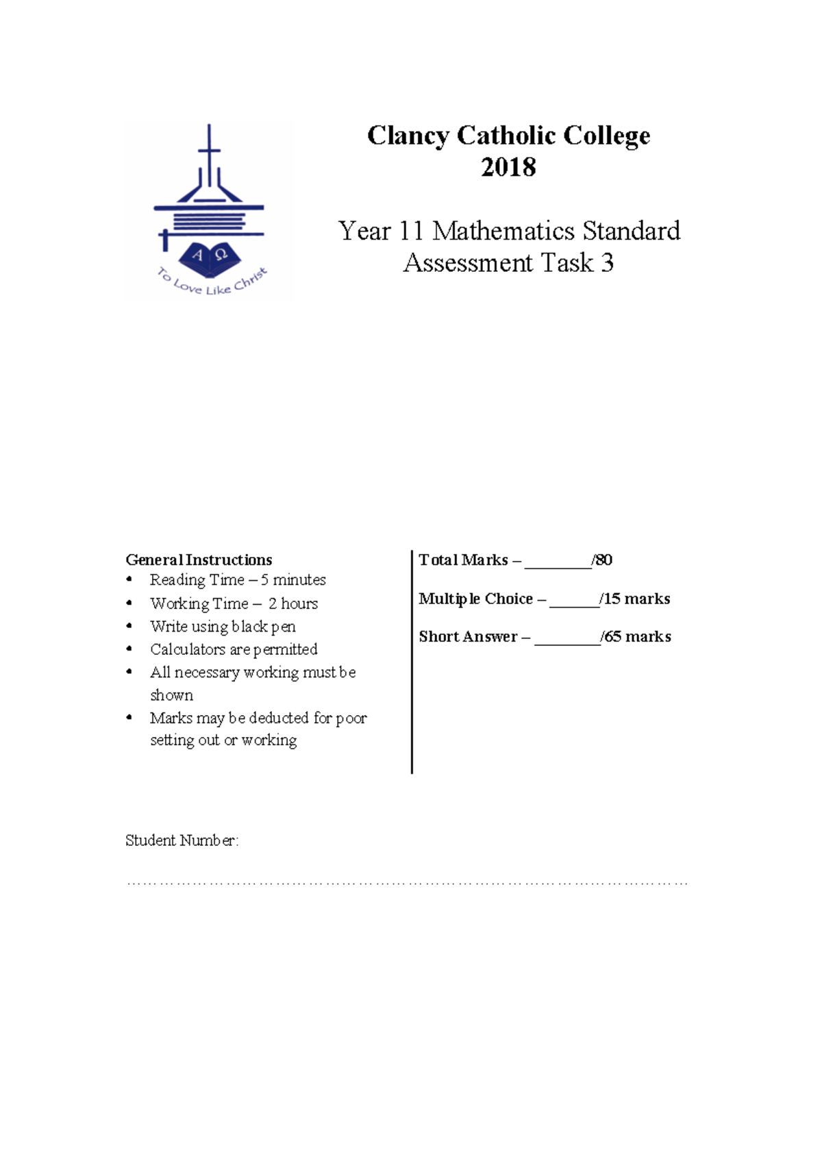 2018 Exam - stuff - Clancy Catholic College 2018 Year 11 Mathematics ...