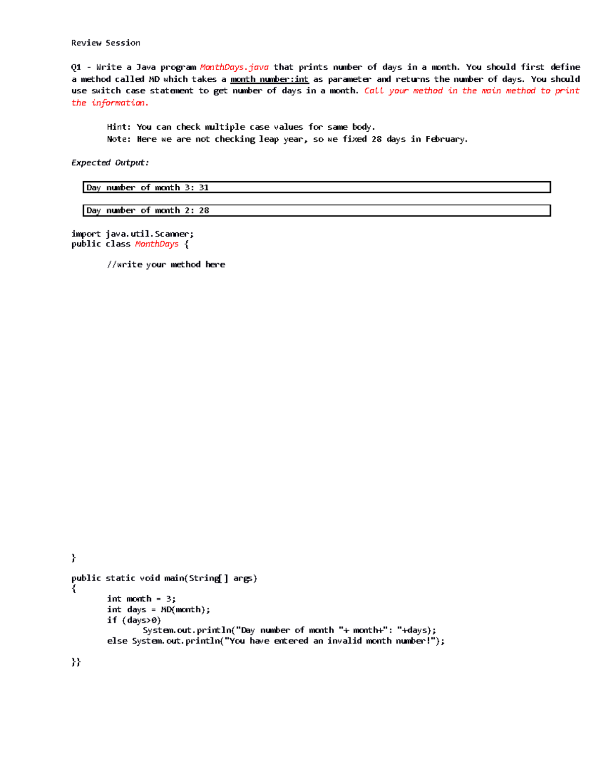 Review - N/A - Review Session Q1 - Write a Java program MonthDays that ...