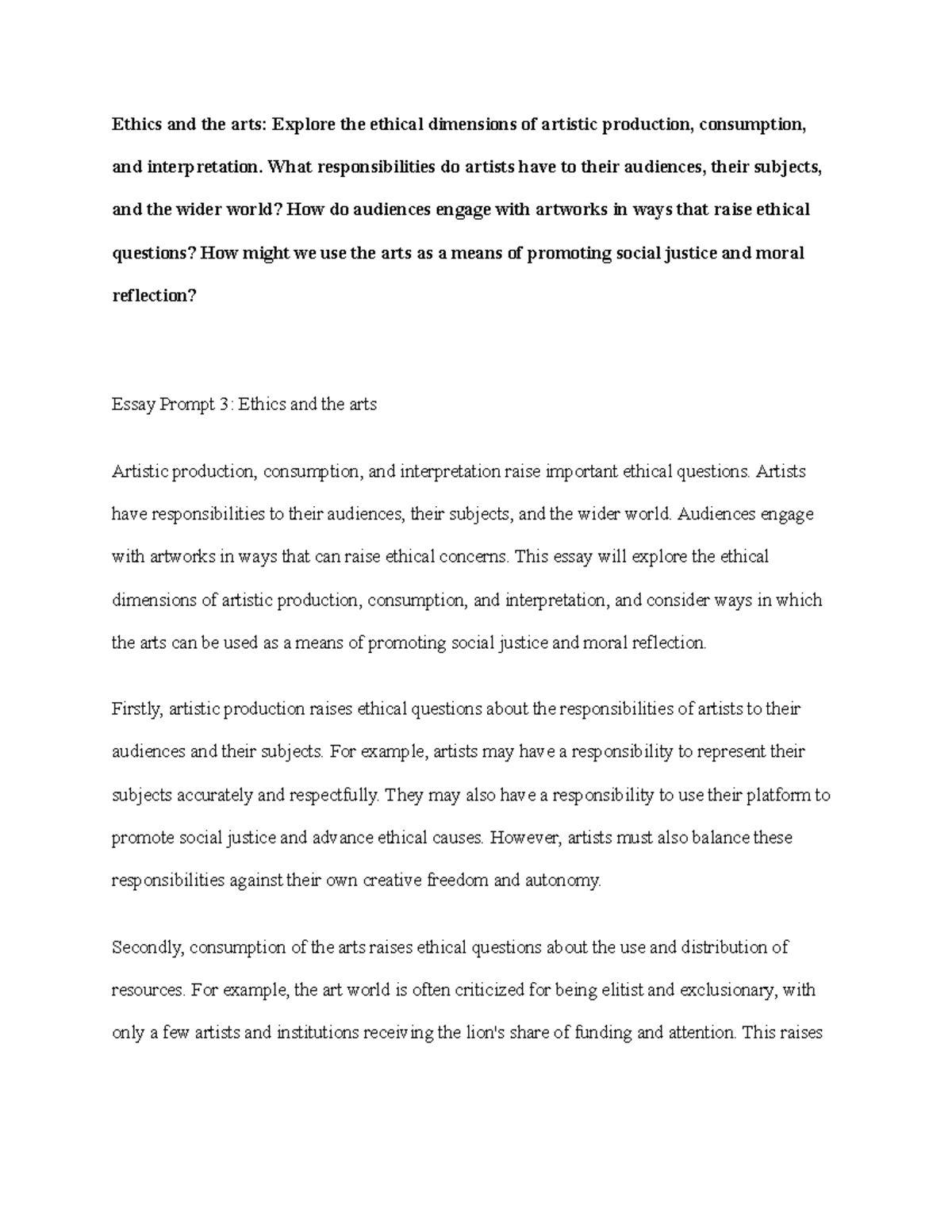 Essay Prompt 3 Ethics and the arts - Ethics and the arts: Explore the ...