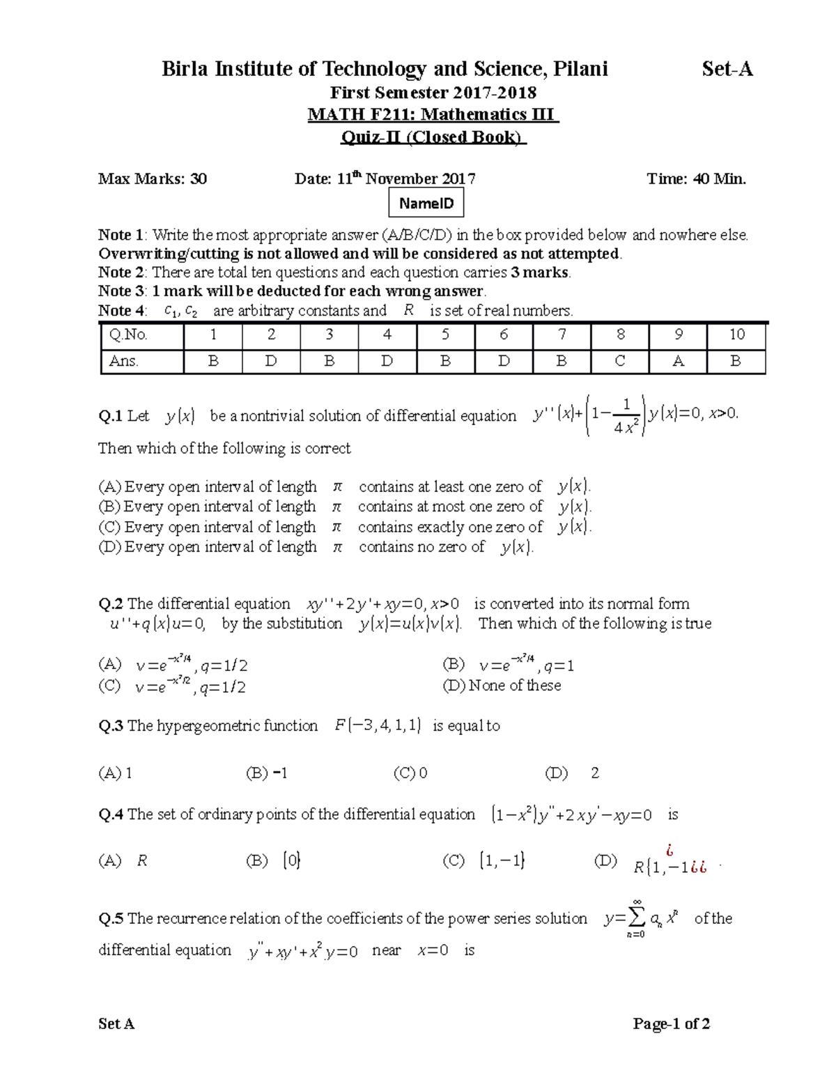 2017 - Quiz-2 Set-A - question paper - NameID Birla Institute of Technology and Science, Pilani ...