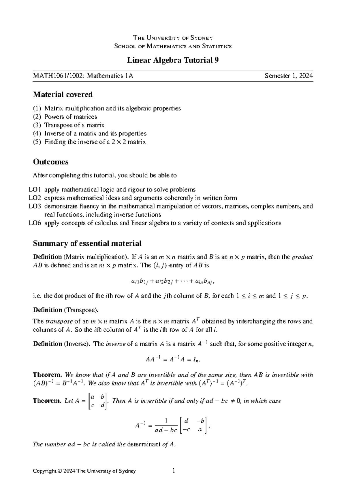Linear algebra tutorial 9 - The University of Sydney School of Mathematics and Statistics Linear ...