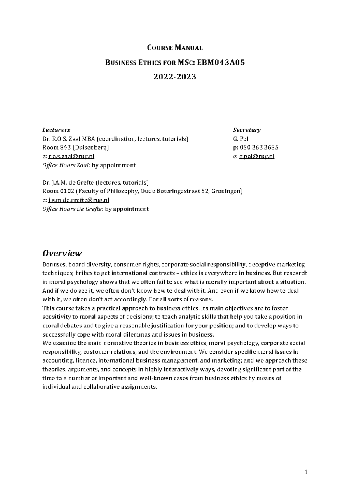 Business Ethics Course Manual 2022 2023 - COURSE MANUAL BUSINESS ETHICS ...