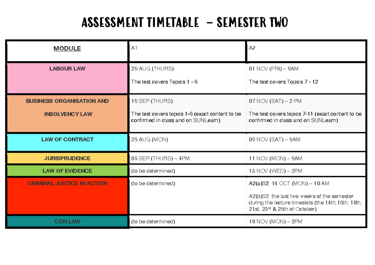 Assessment Timetable Breakdown - ASSESSMENT TIMETABLE - SEMESTER TWO ...