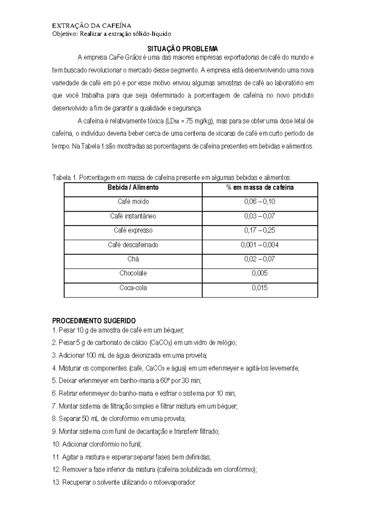Procedimento- Extração DA Cefína - EXTRAÇÃO DA CAFEÍNA Objetivo ...