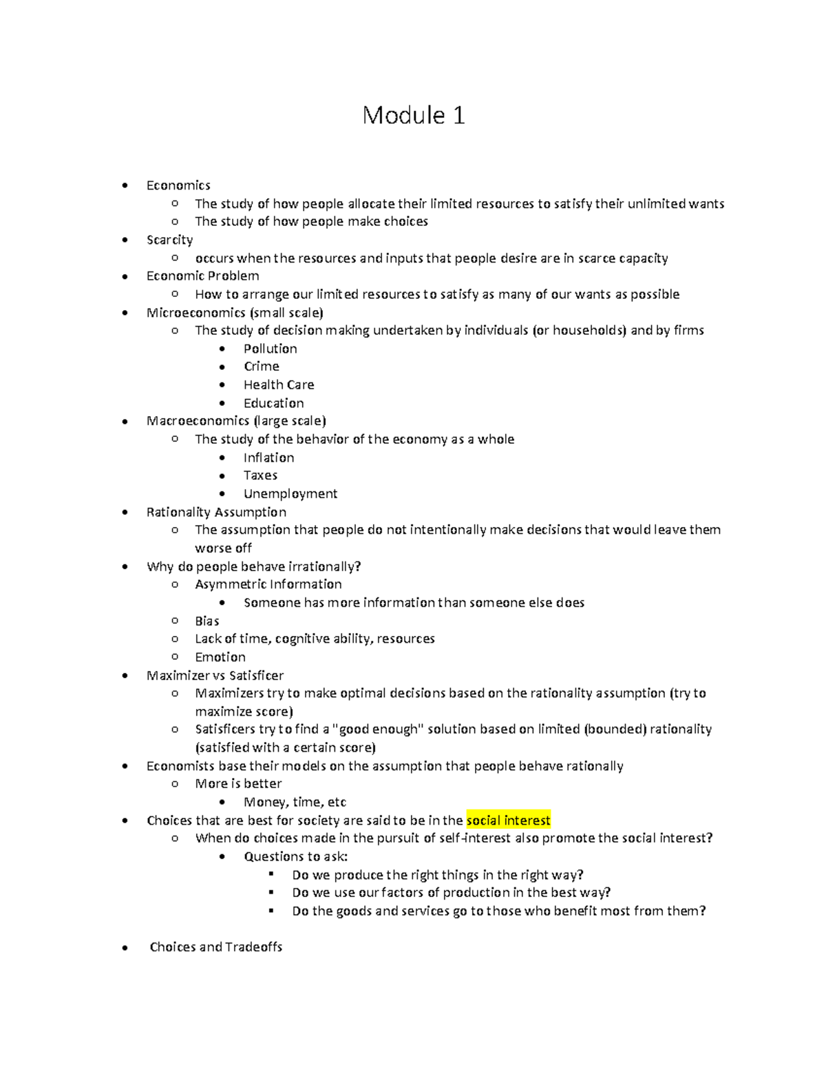 Economics Module 1 - Module 1 • Economics o The study of how people ...