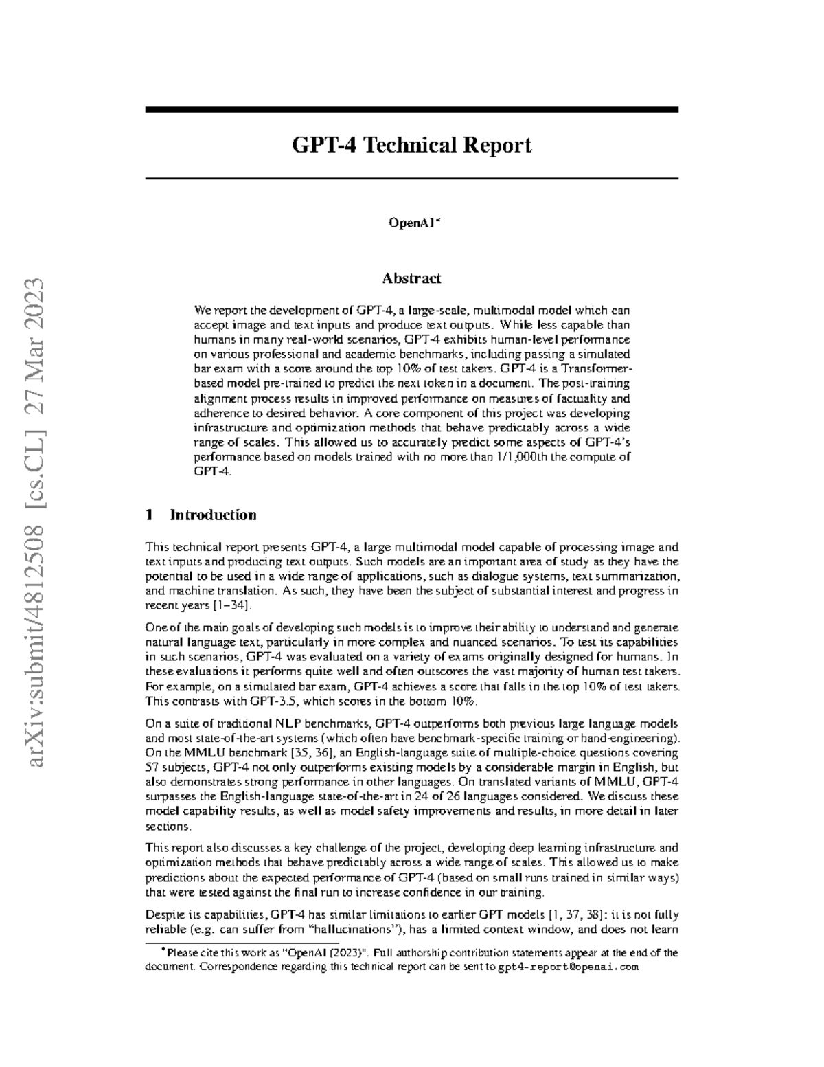 Gpt-4 - GPT-4 Document - GPT-4 Technical Report OpenAI∗ Abstract We report the development of ...