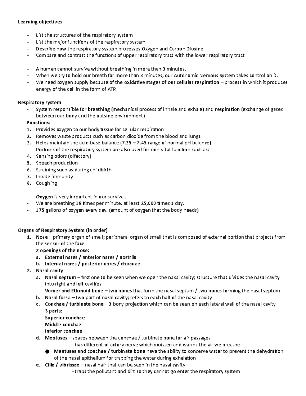 Respiratory system notes - Learning objectives List the structures of ...