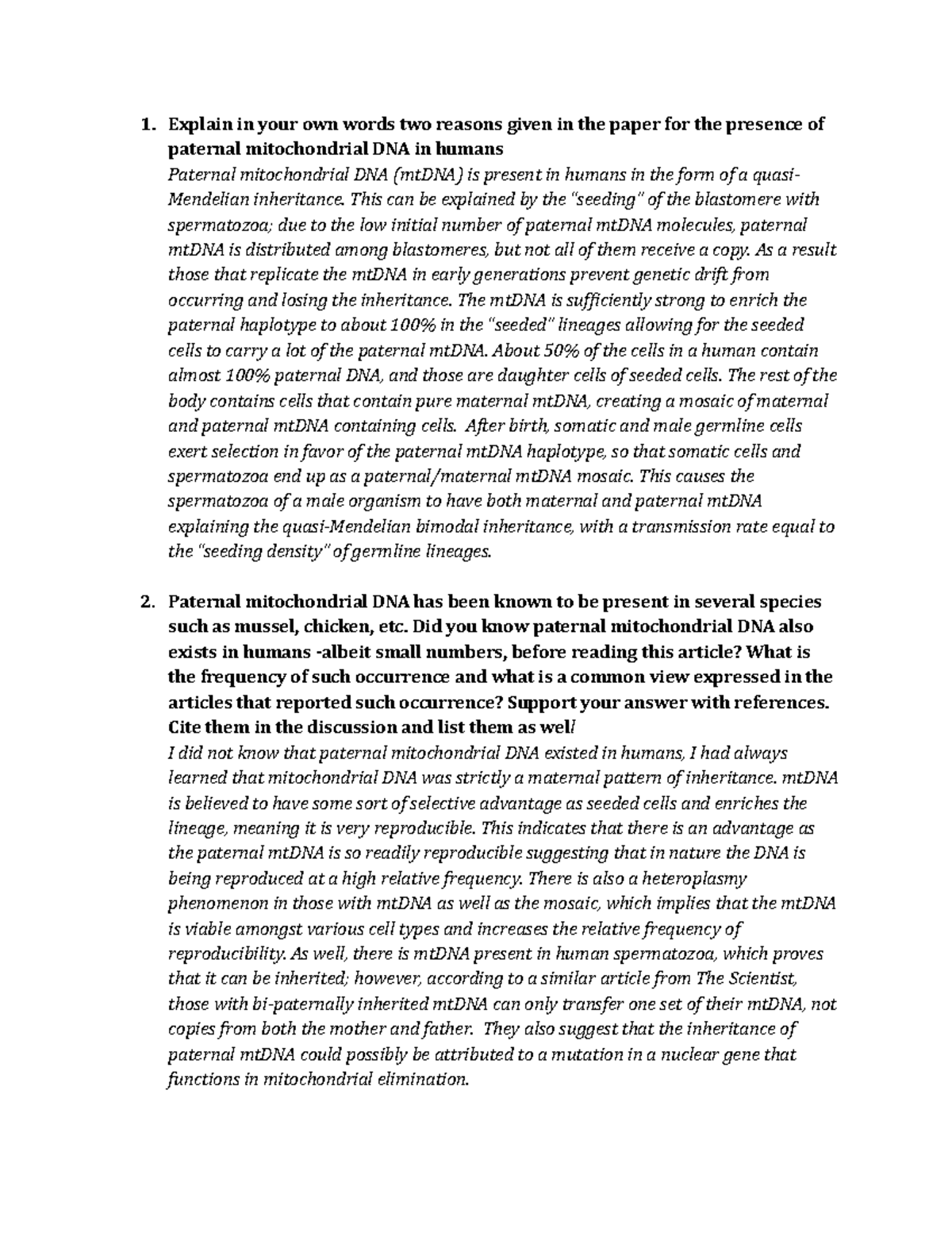 Paternal Inheritance of Mitochondrial DNA - 1. Explain in your own ...