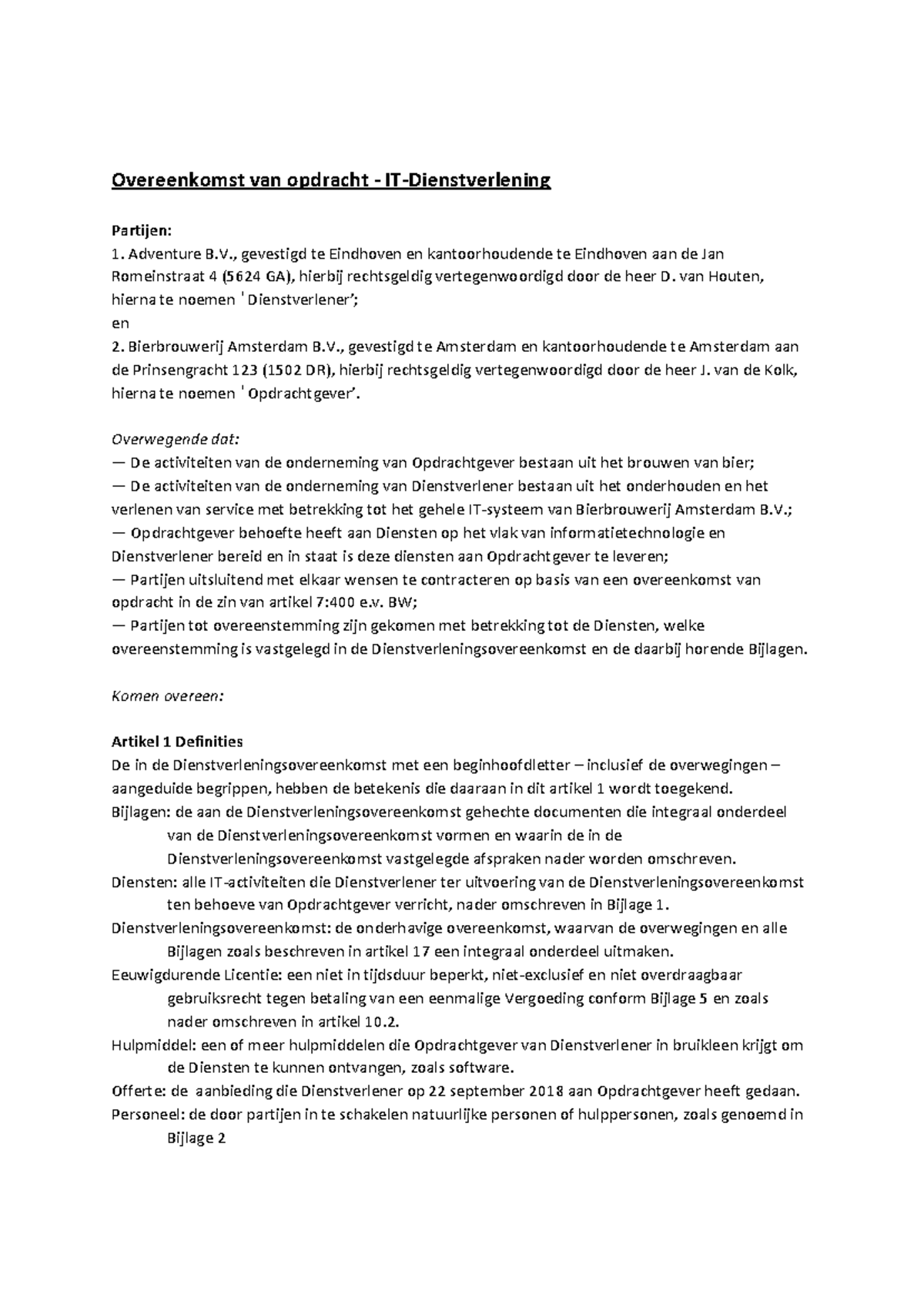 Algemene IT-Dienstverleningsovereenkomst - Overeenkomst van opdracht - IT-Dienstverlening ...