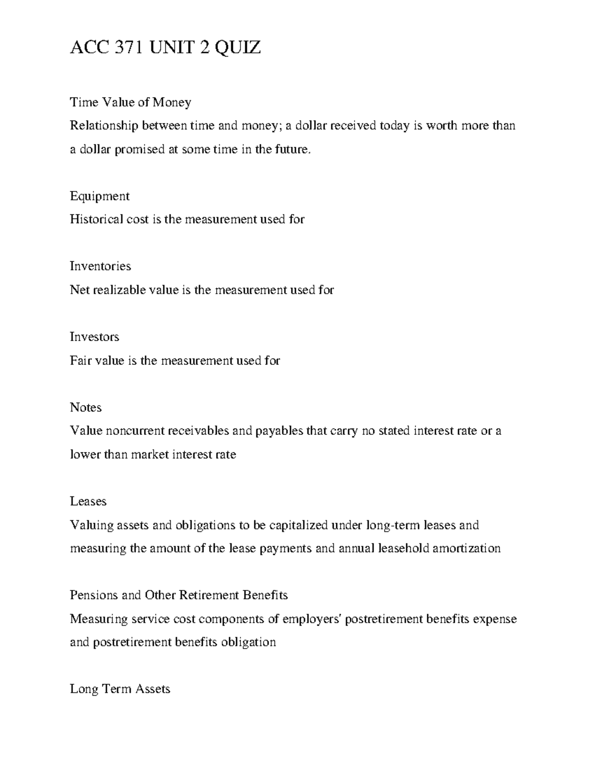ACC 371 UNIT 2 QUIZ - INTERMEDIATE ACCOUNTING UNIT 2 QUIZ (PROFESSOR ...