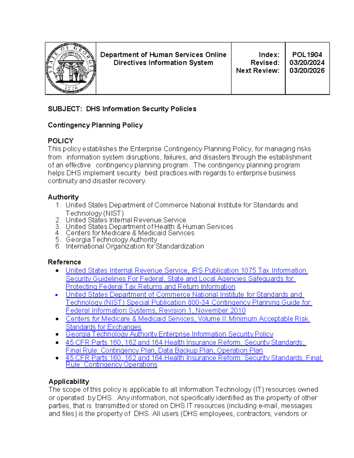 POL1904 Contingency Planning Policy - Department of Human Services ...