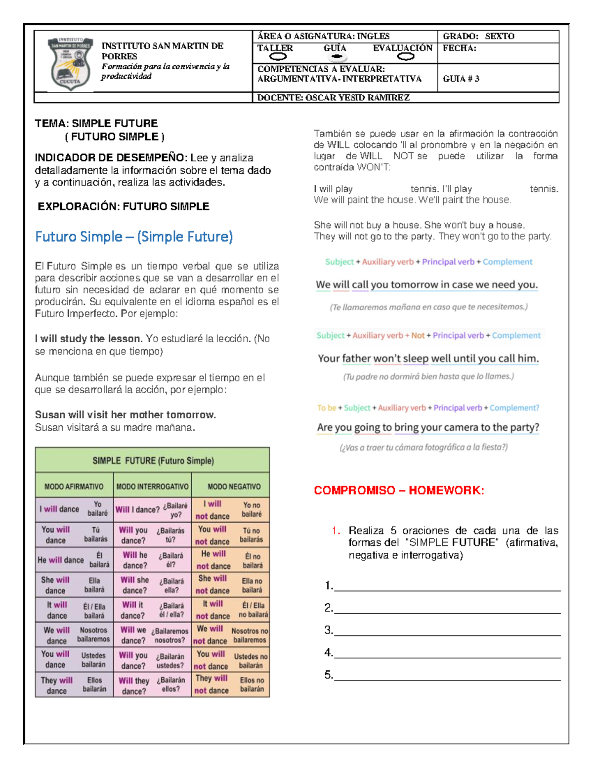 GUIA 3 - IngléS - SMDP 6 - szdvhbinjkm - TEMA: SIMPLE FUTURE ( FUTURO ...
