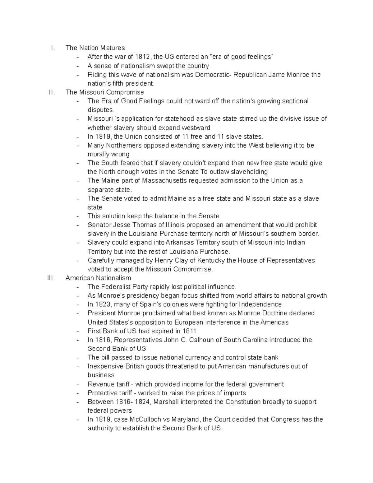 US History - Chapter 1 Set 9 Note - I. The Nation Matures - After the ...