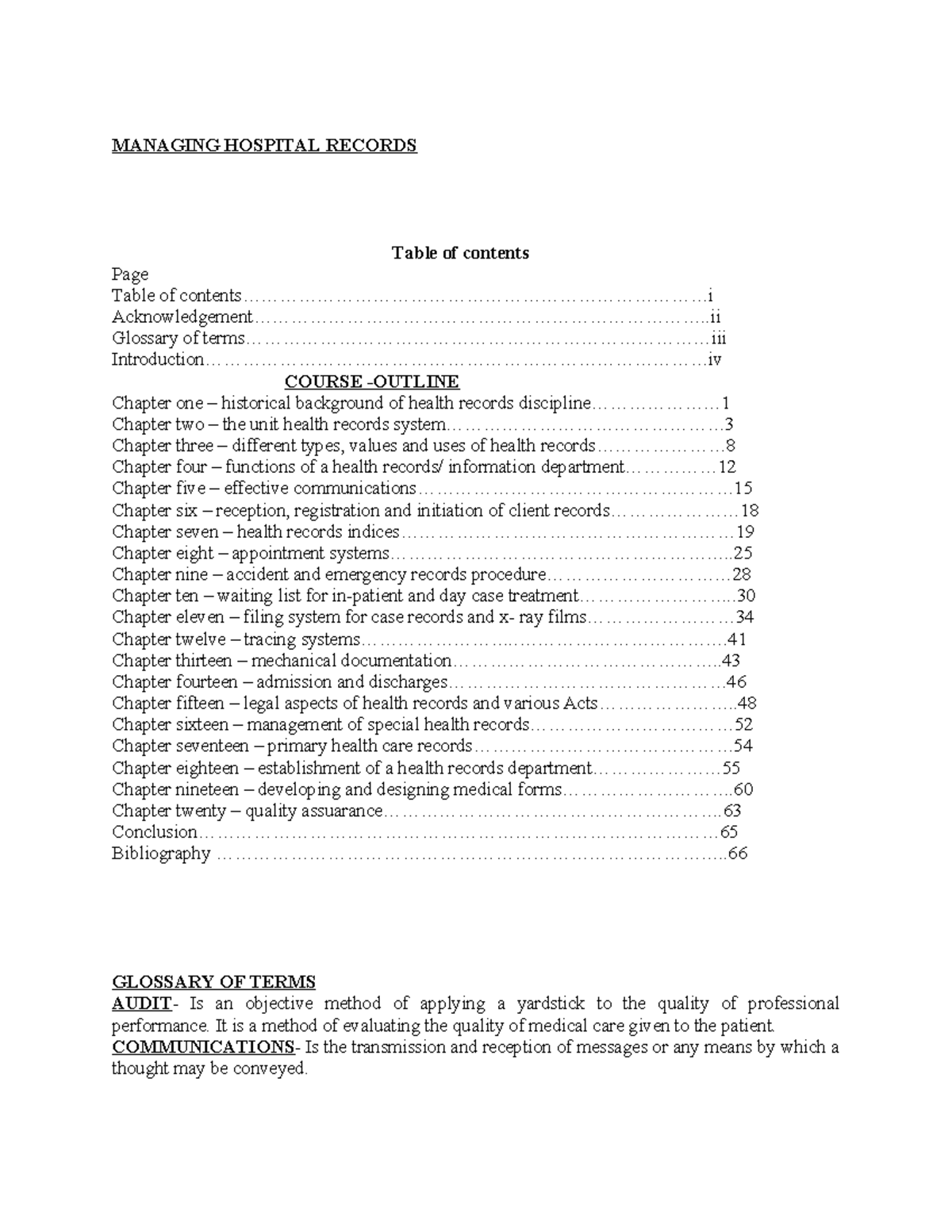 Health Records - Handout - MANAGING HOSPITAL RECORDS Table of contents ...