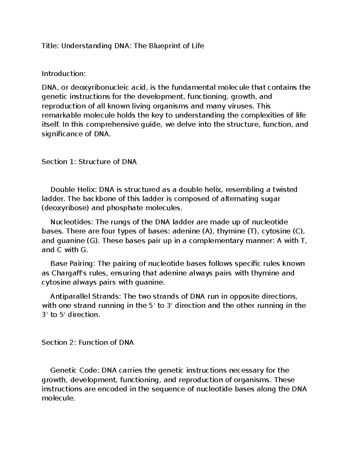 Dna notes - Summary Biology - Title: Understanding DNA: The Blueprint ...