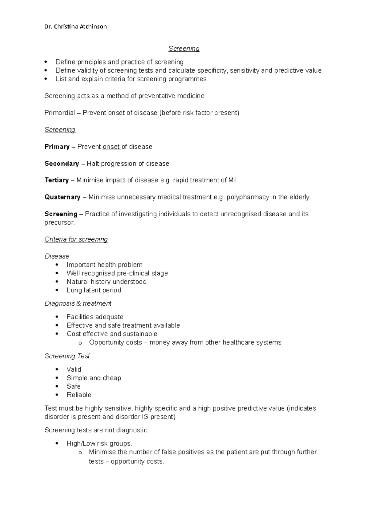 Screening - Notes from Year 1 - Screening Define principles and ...