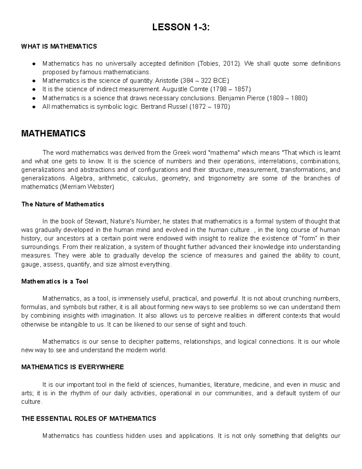 MMW Reviewer Galing SA POGI - LESSON 1-3: WHAT IS MATHEMATICS ...