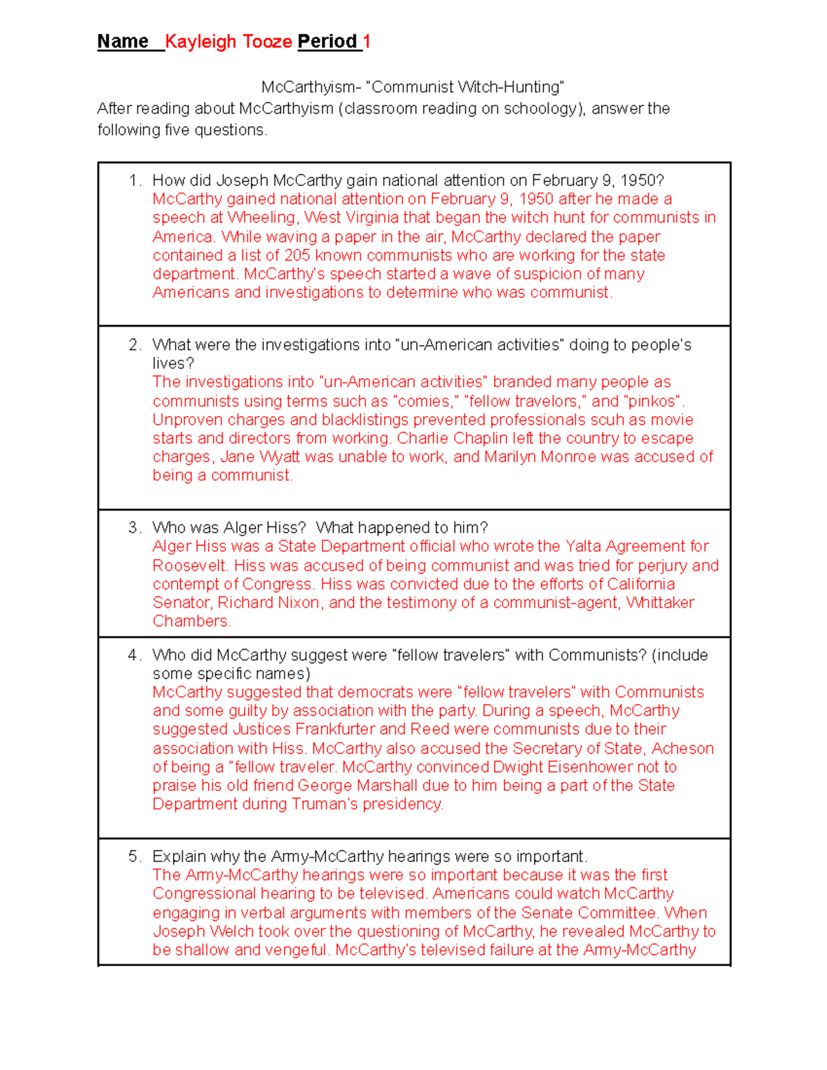 McCarthyism- Questions for Online Reading - Name Kayleigh Tooze Period ...